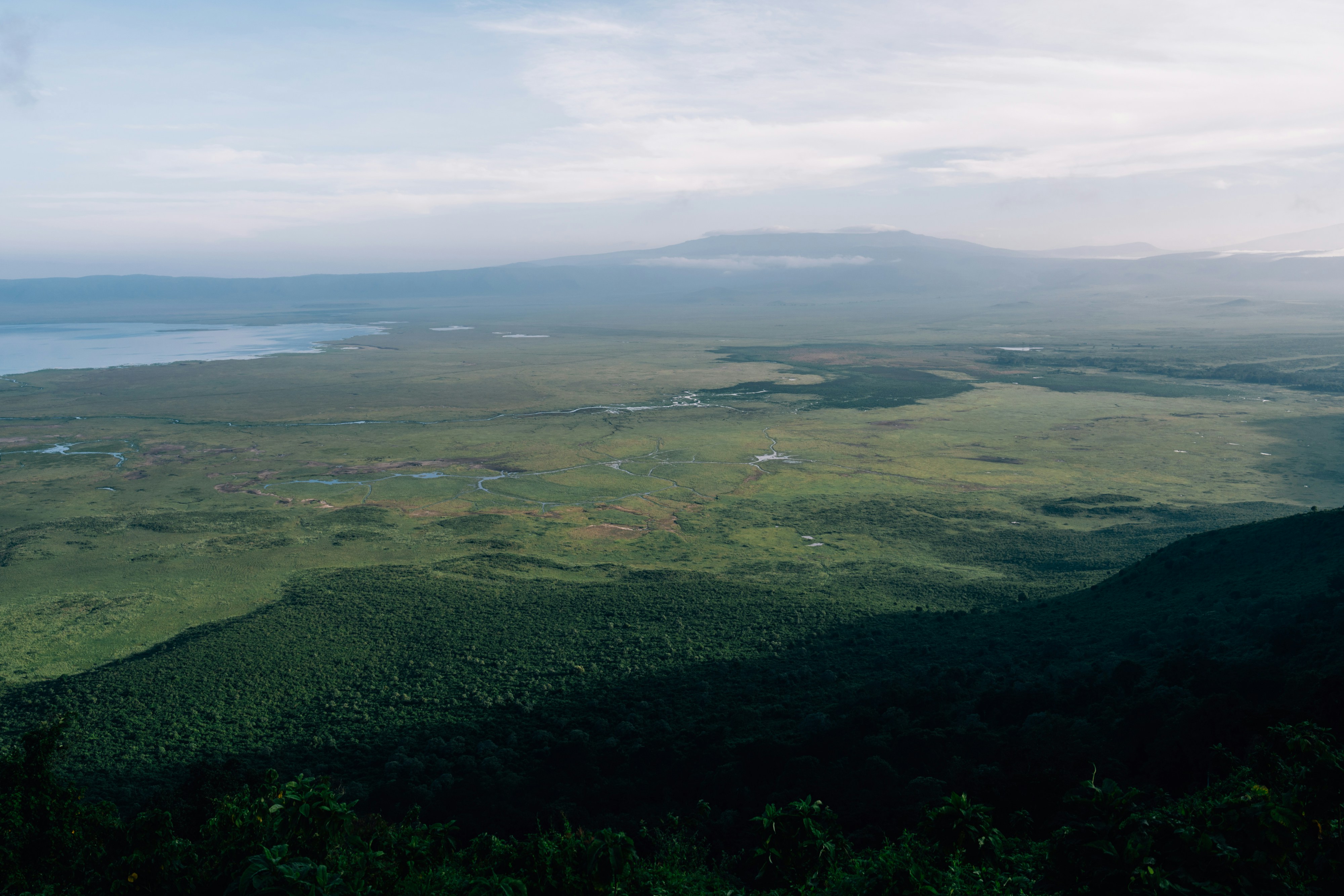 Un vaste paysage verdoyant s’étend vers une montagne lointaine. photo ...