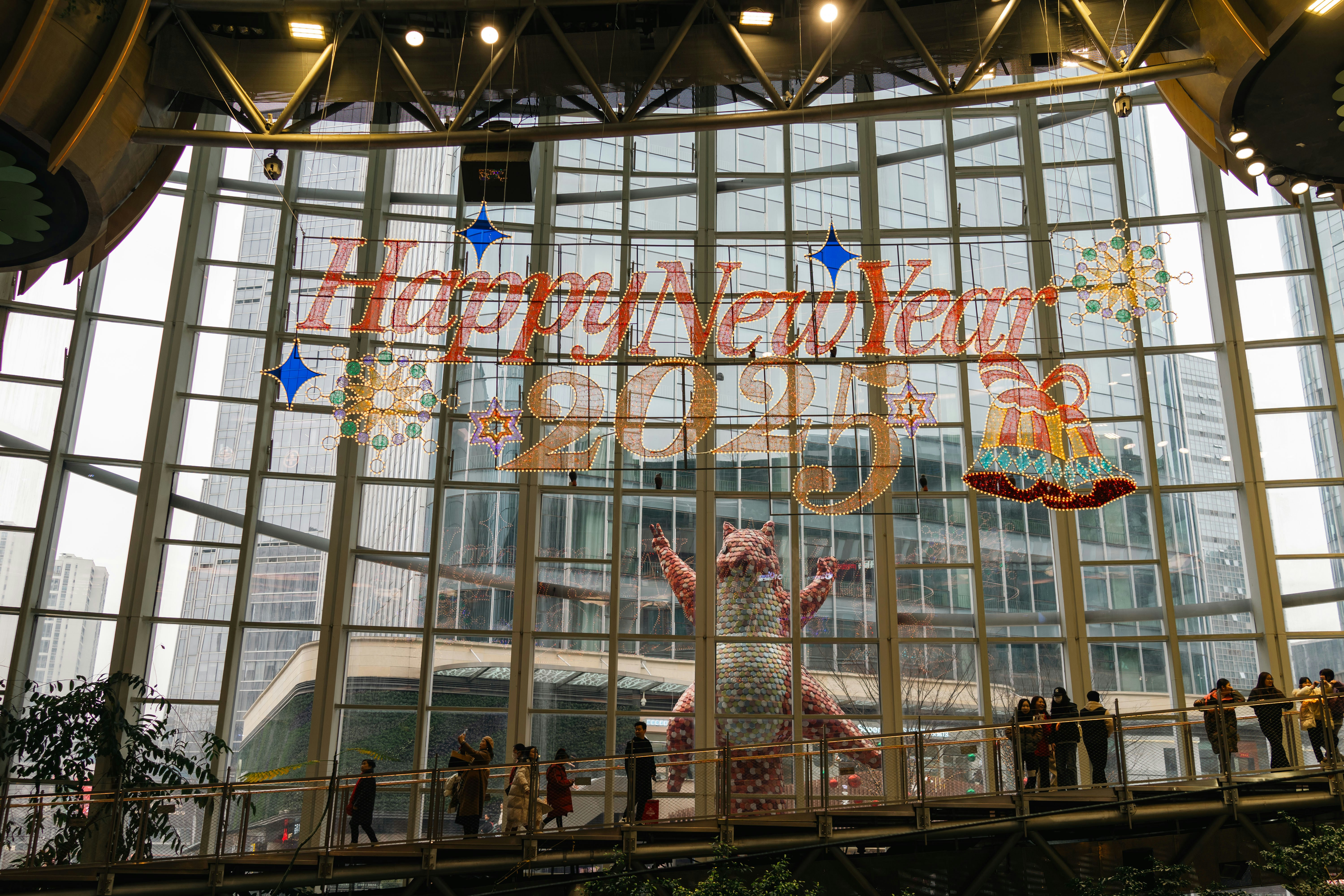 Crystal Atrium New Year: A Glittering Central Sculpture Framed by Glass