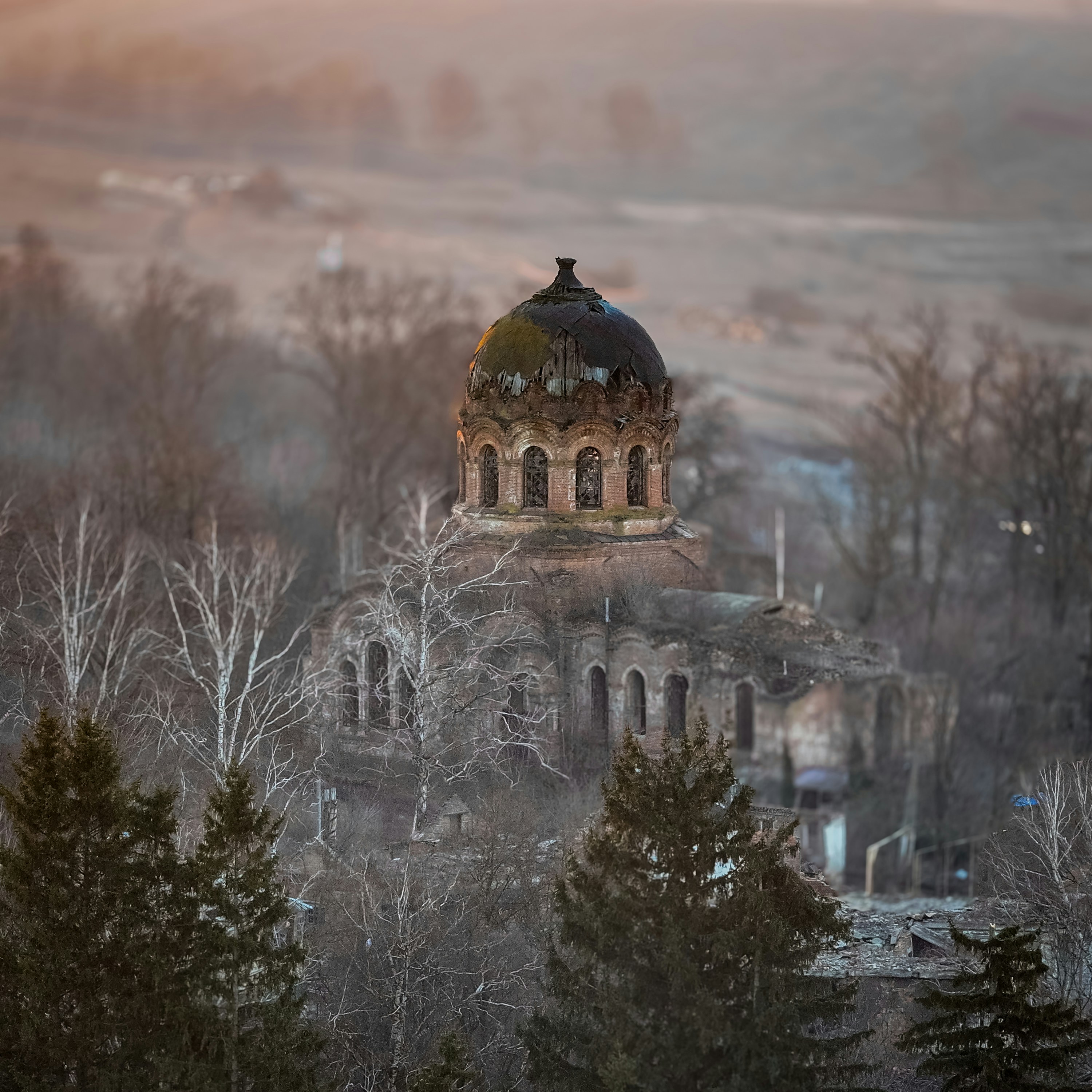 Weathered domed ruin rises above a wintry forest of bare trees at dusk, bathed in soft, diffuse light.