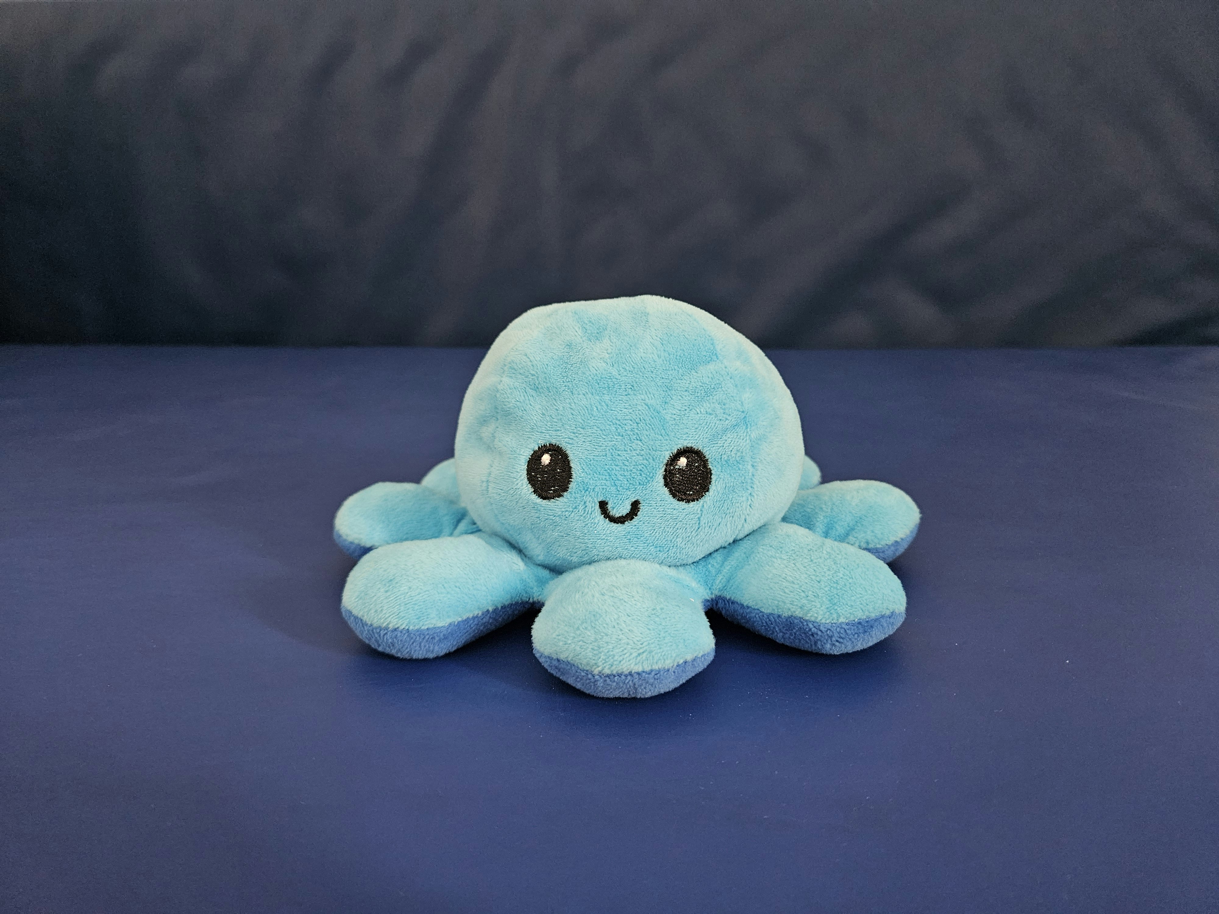 Blue plush octopus with a cheerful expression sits against a matching background.