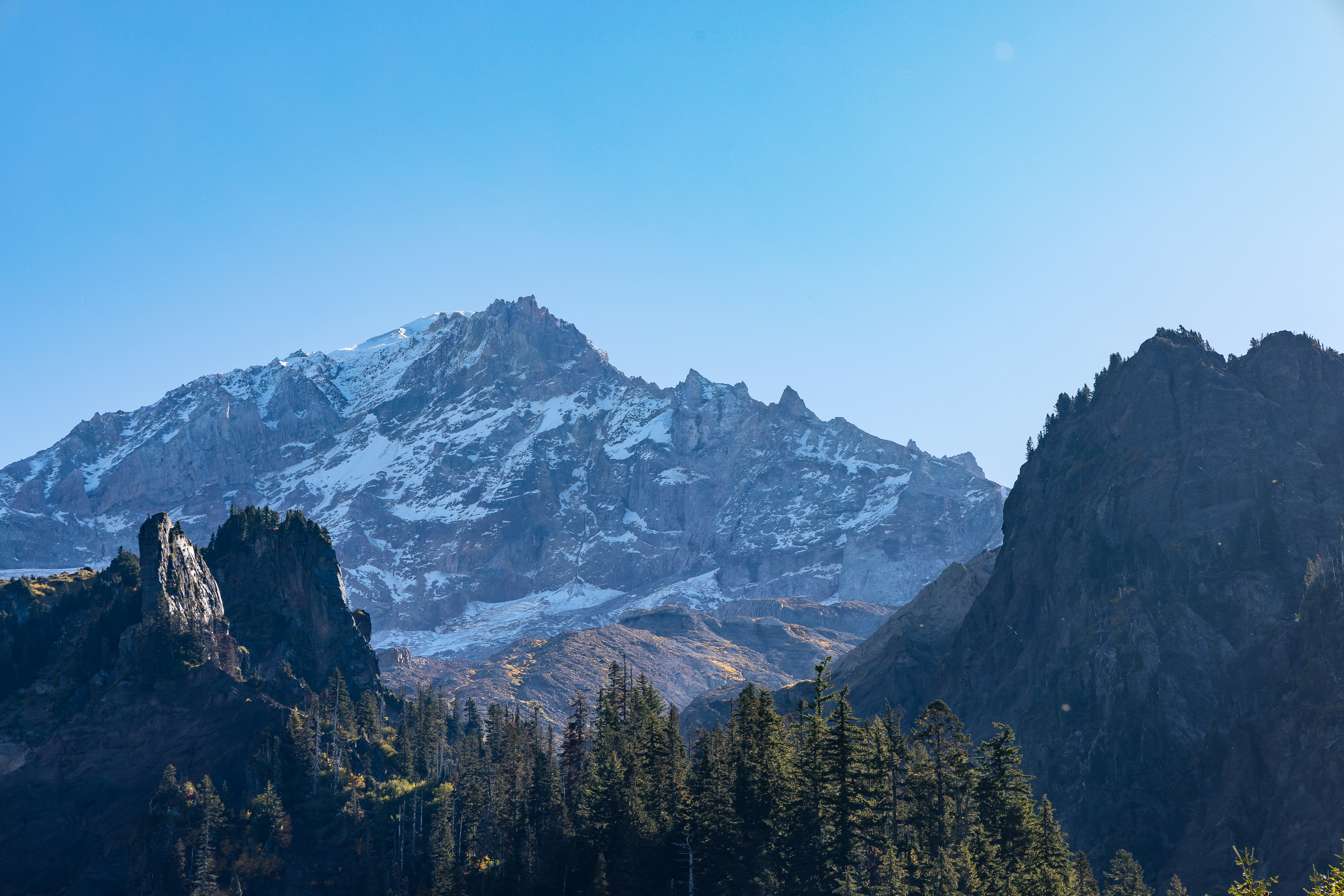 Snow-dusted mountains rise above a dense forest under a clear blue sky.