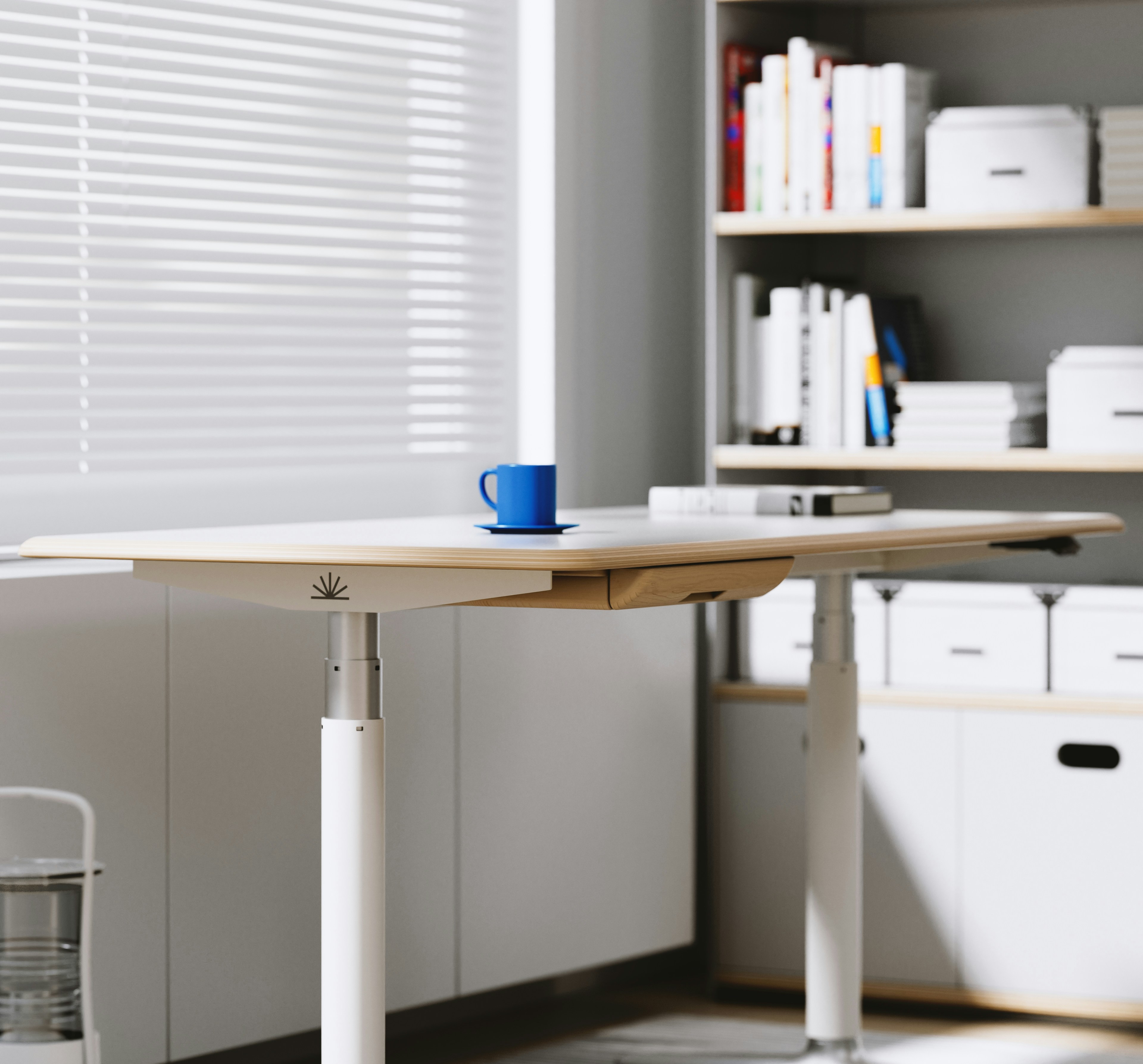 Modern desk setup with a window and bookshelf. photo – Free Office ...