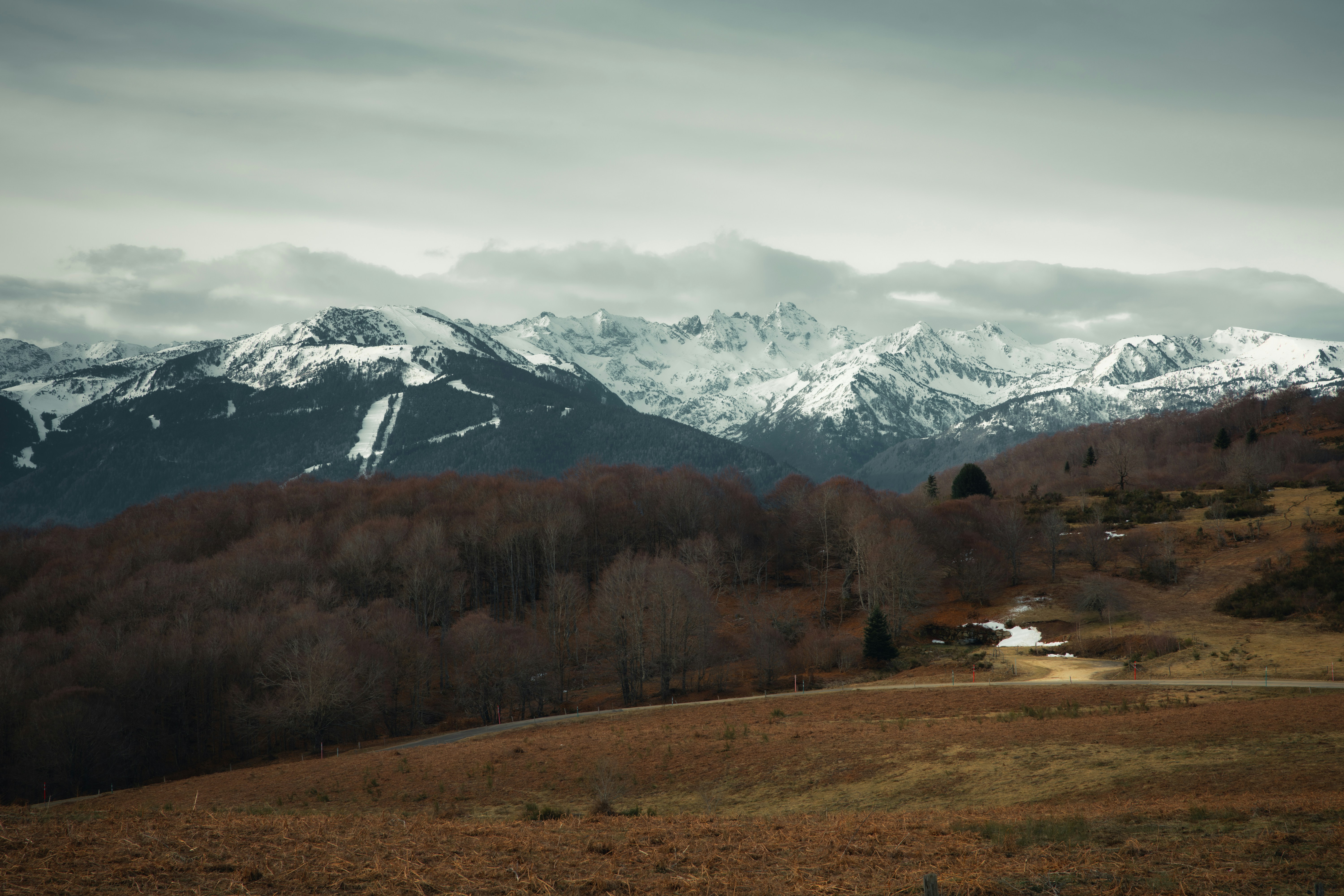 Snow-capped mountains rise above a brown, wooded landscape under a cloudy sky.