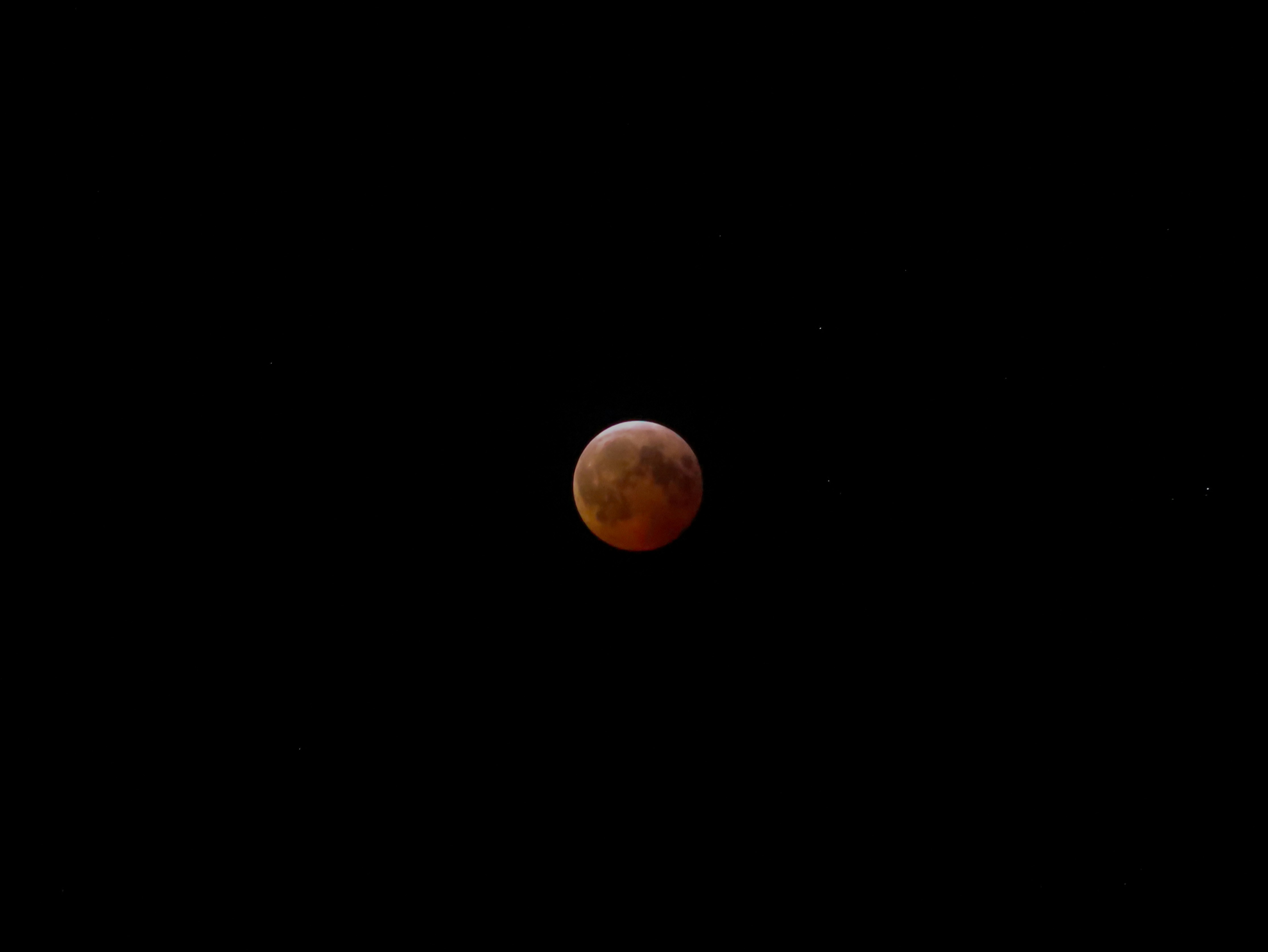 Lunar eclipse casts the moon in deep red hues against a starry night sky.