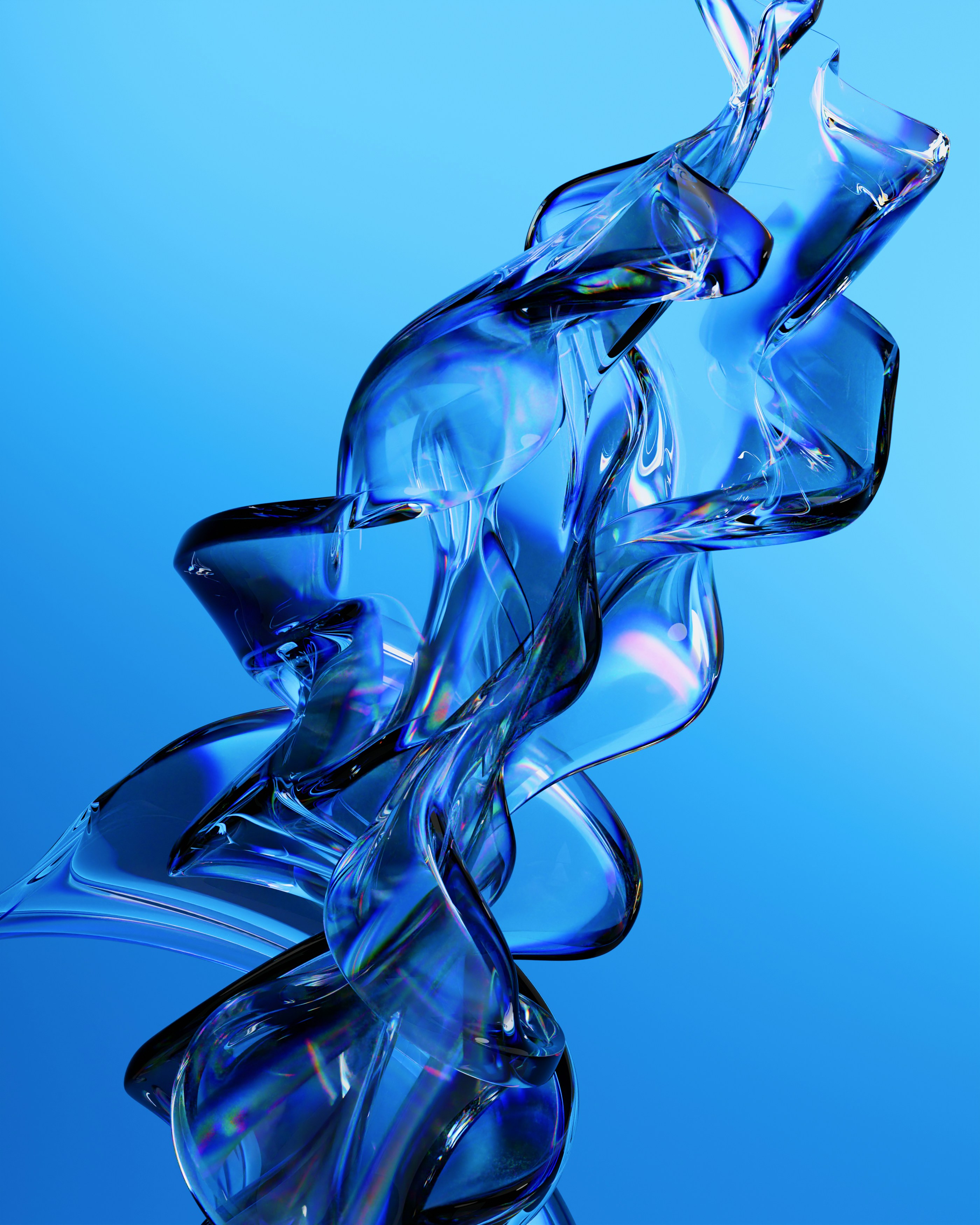Abstract, flowing blue glass sculpture on a gradient backdrop. photo ...