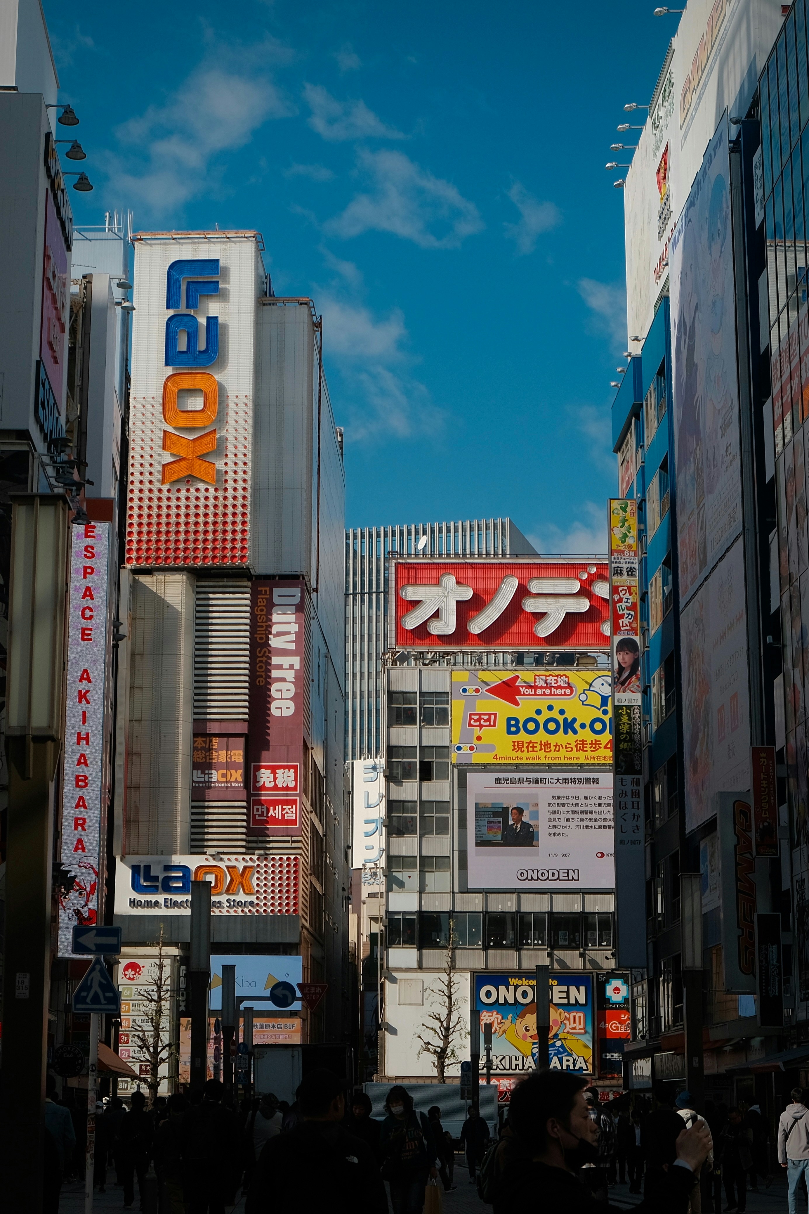 Vibrant storefronts and billboards illuminate a bustling street in Akihabara, showcasing the lively urban culture. The scene captures the essence of modern Japanese commerce.