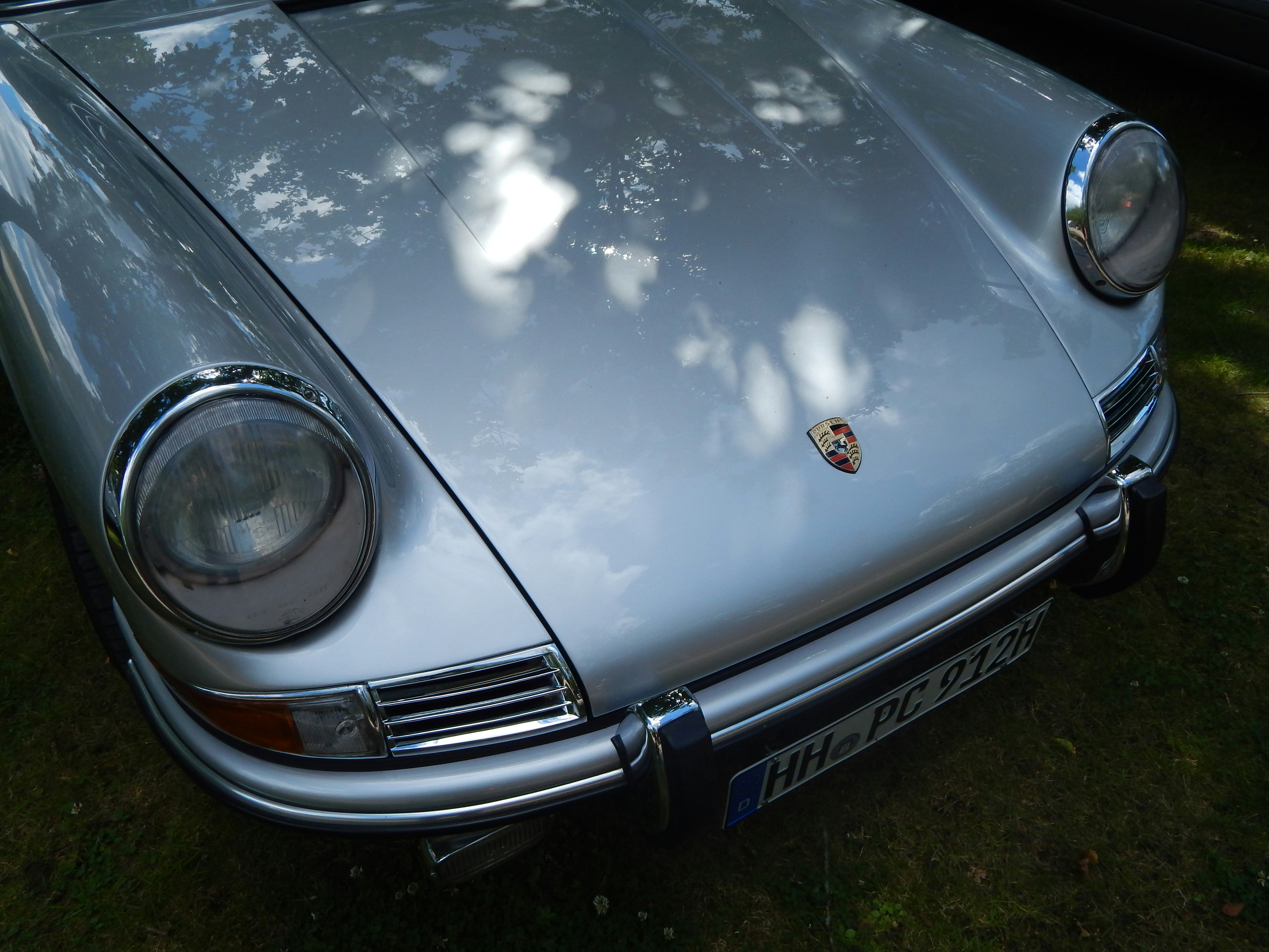 Emblem in Shade: Silver Porsche 911 Hood Under Leaf-Dappled Light