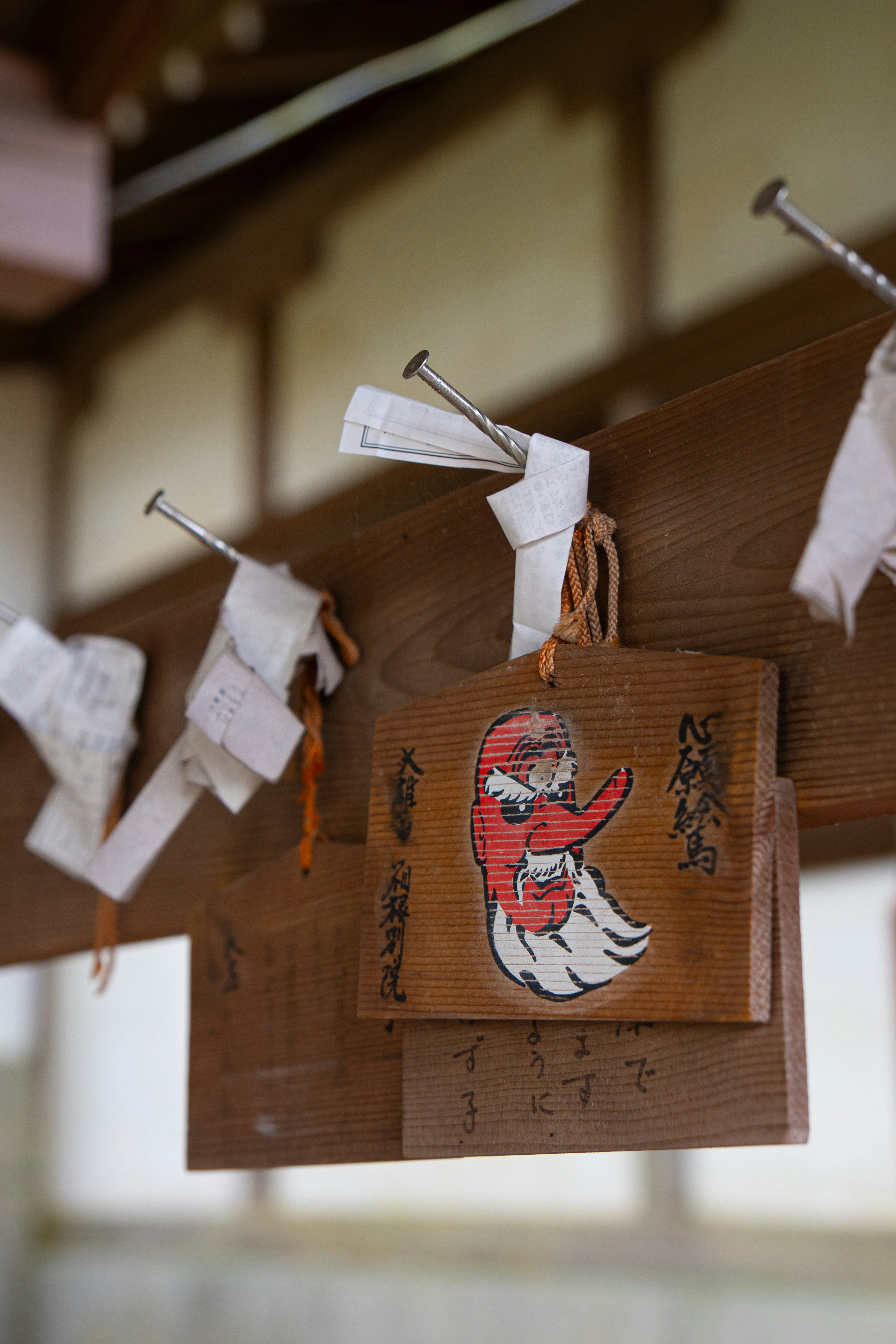 Crimson Crane Ema: A Shrine Plaque Framed by Prayer Strips