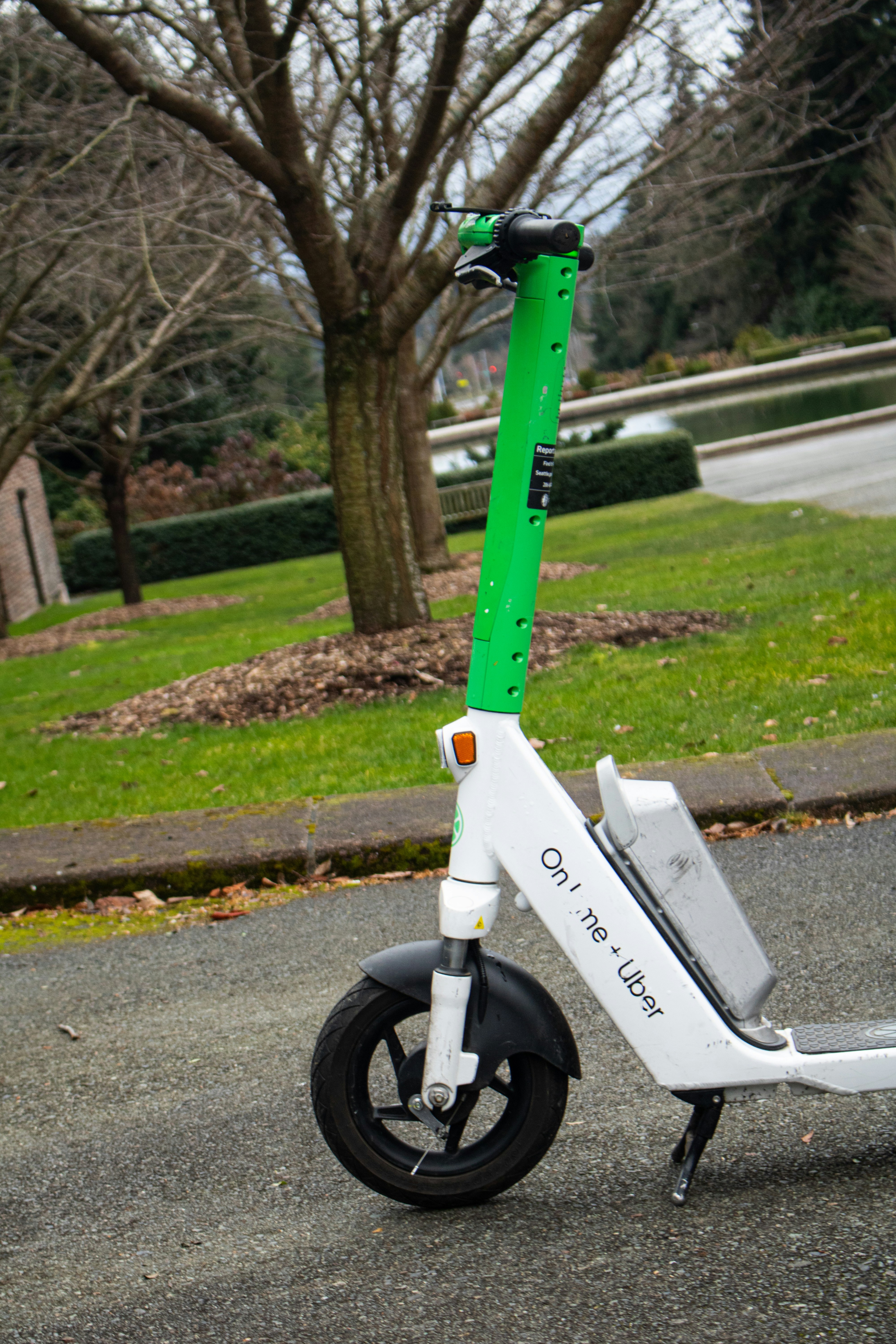 A Lime electric scooter parked at the University of Washington, Seattle.