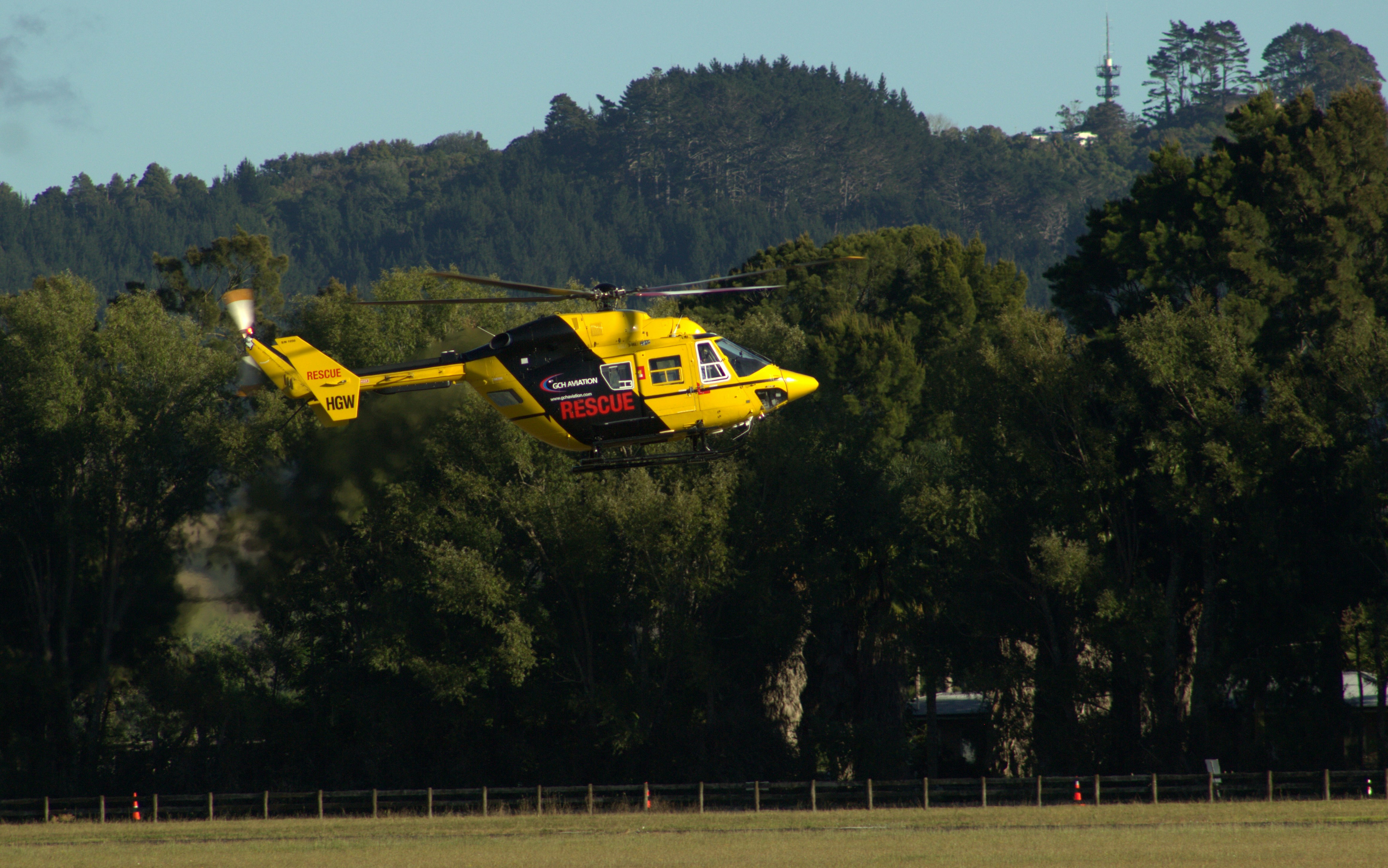 A yellow helicopter flies over trees and field. photo – Free Animal ...