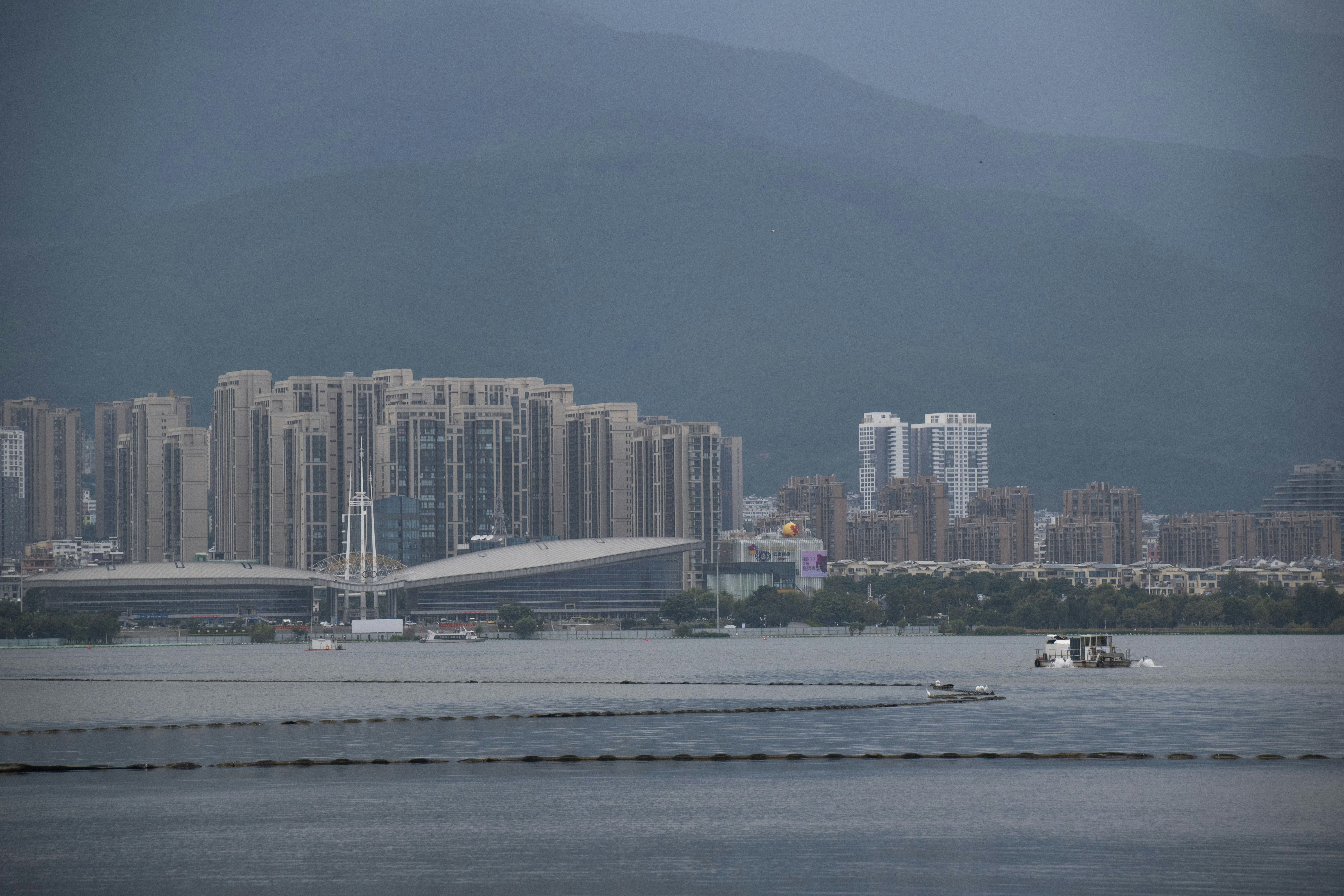 Paisaje urbano visto desde el otro lado del agua en un día nublado. foto – Imagen de Ciudad ...