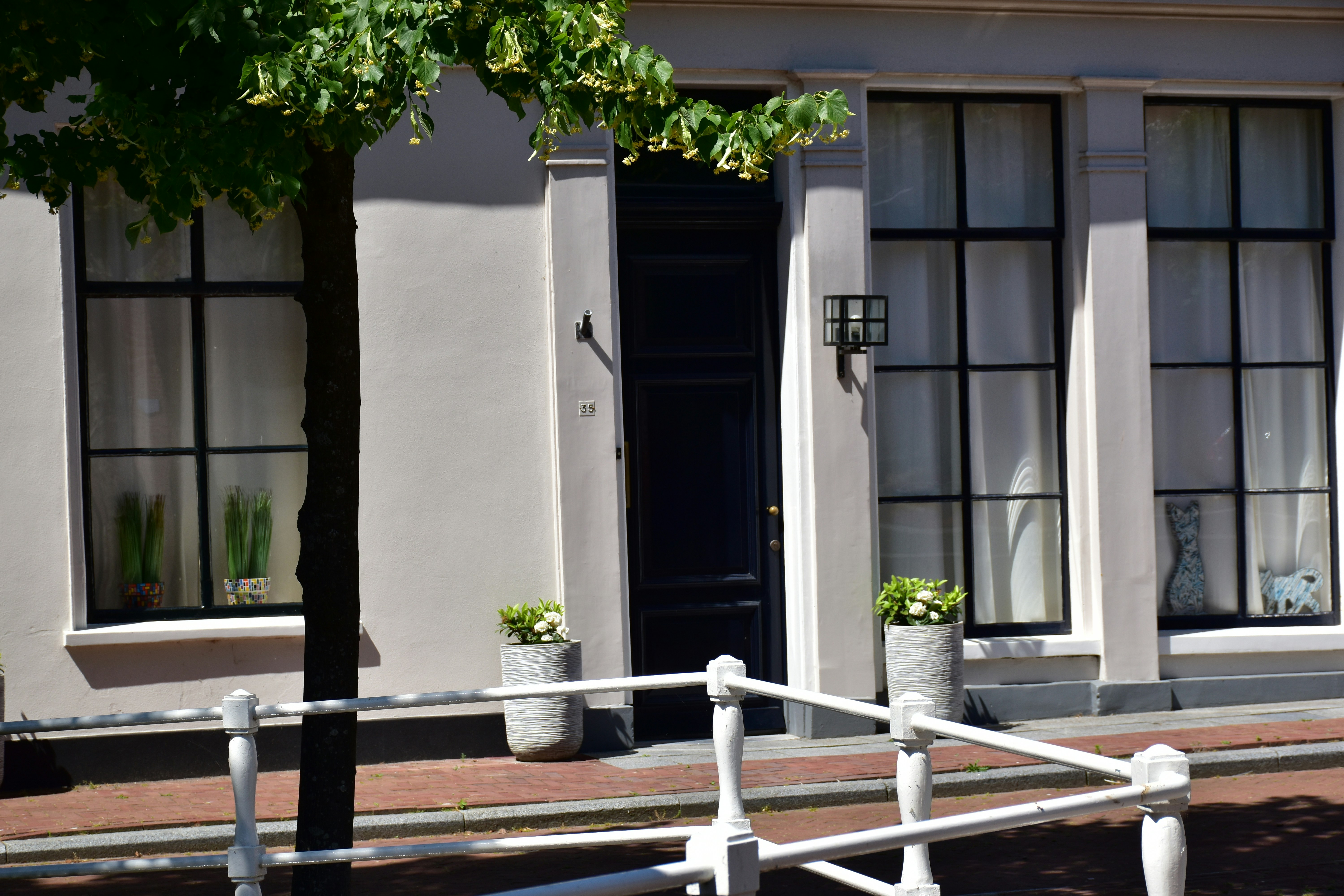 Midday Facade: Central Doorway Framed by Pots and a White Rail