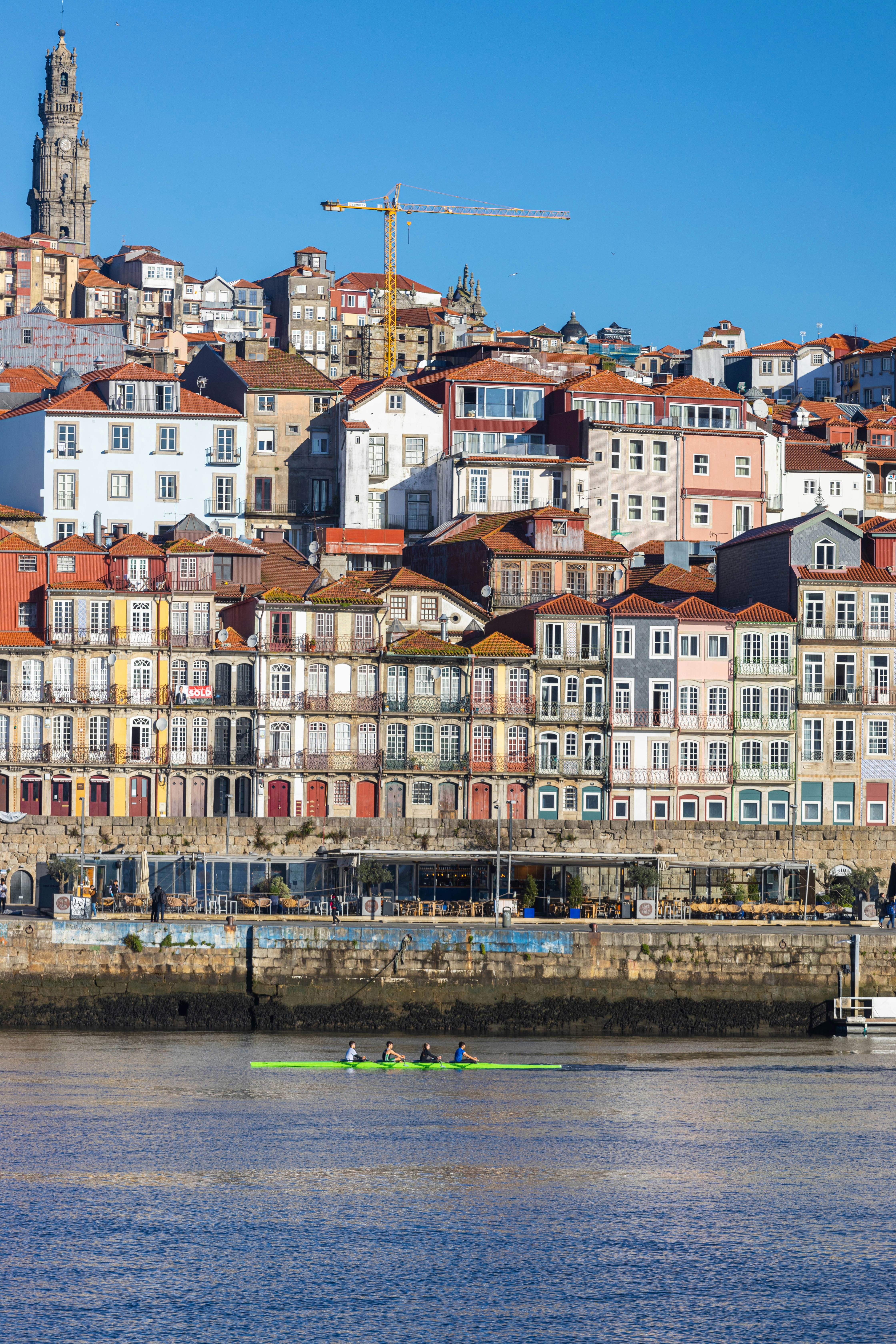 Rowers glide across the Douro River with Porto's vibrant hillside architecture in the background.
