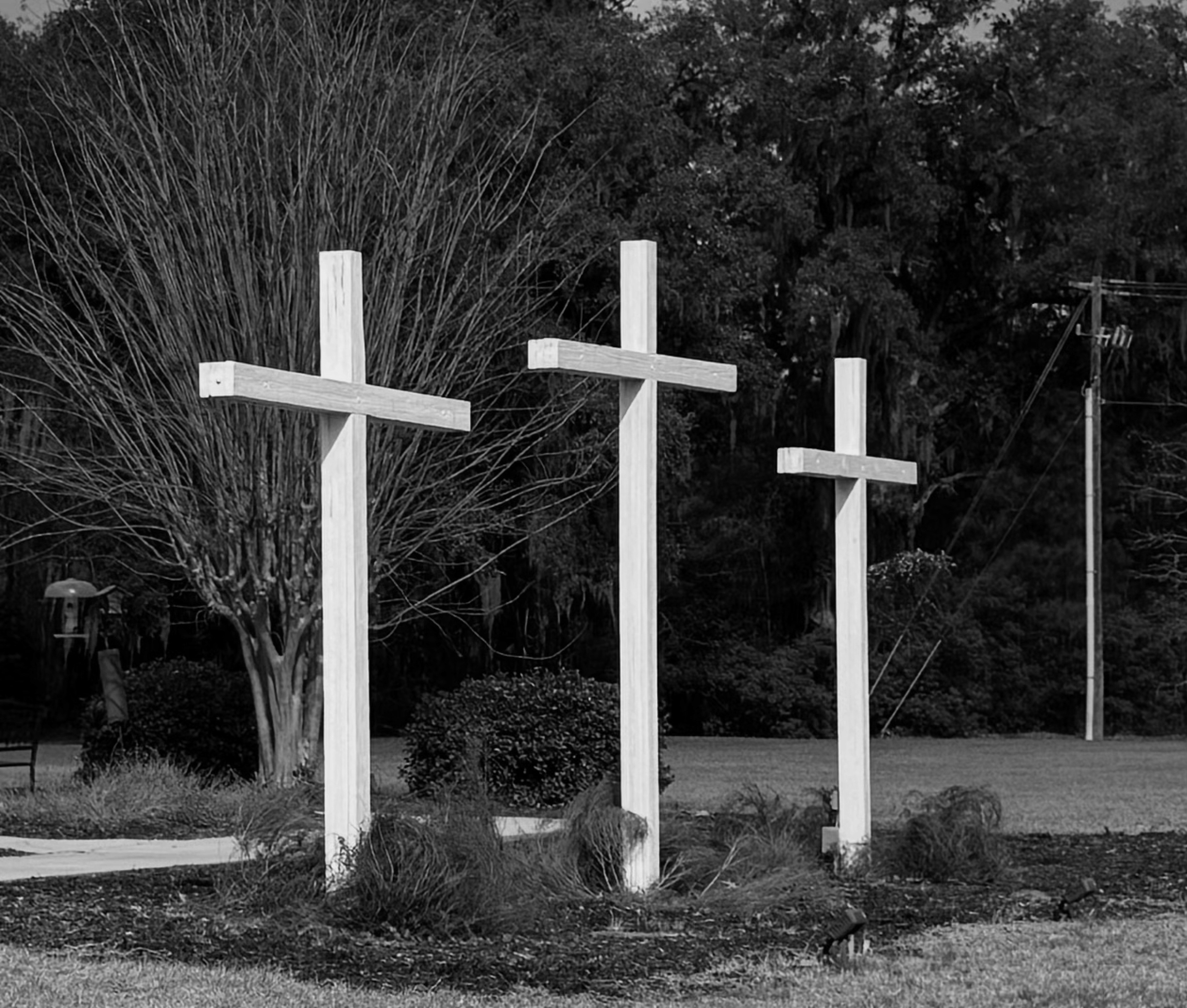 Tres cruces blancas se encuentran al aire libre cerca de los árboles ...