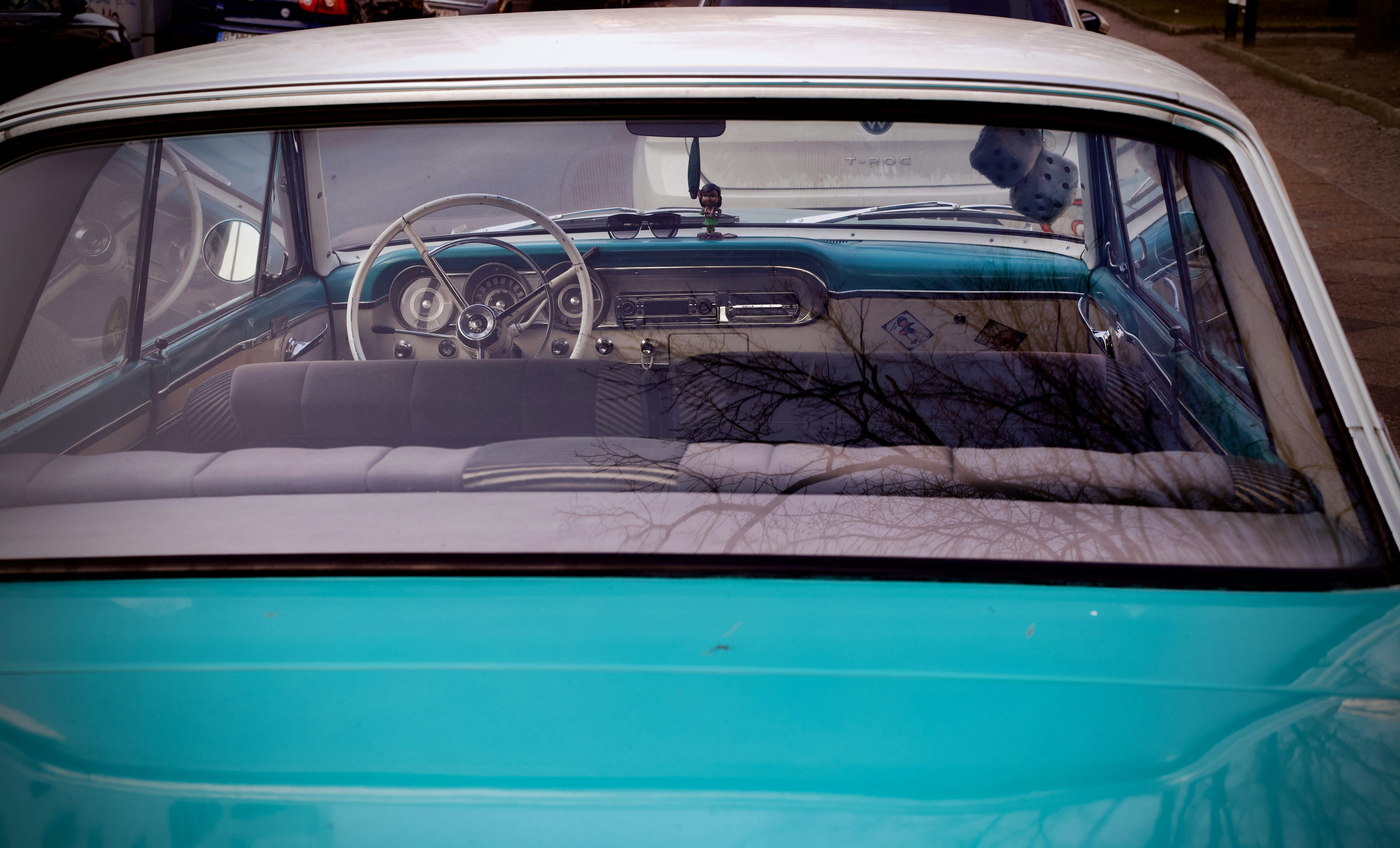 The rear interior of a vintage turquoise car. photo – Free Vintage ...