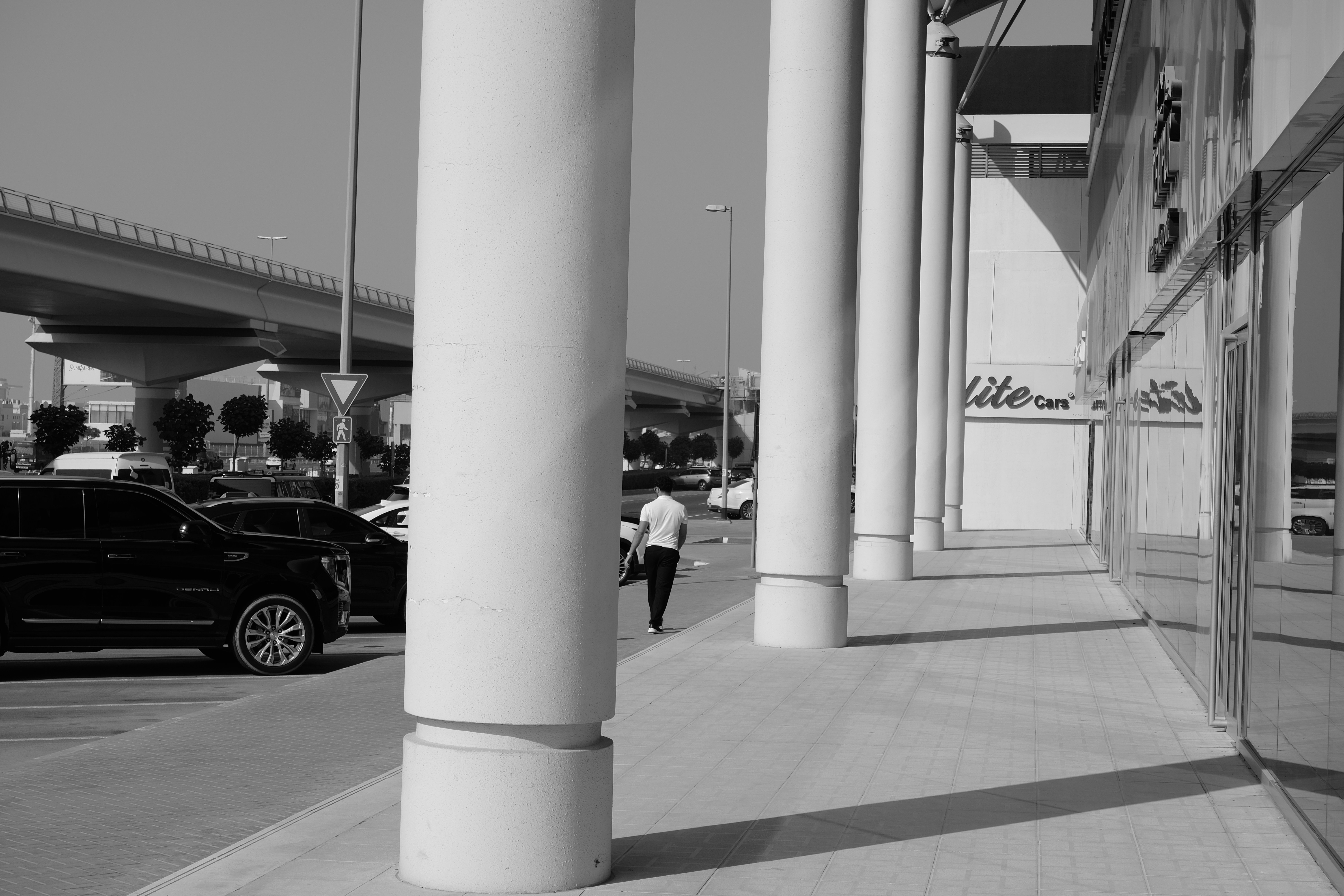 Black and white scene of a city sidewalk framed by towering columns and parked cars.