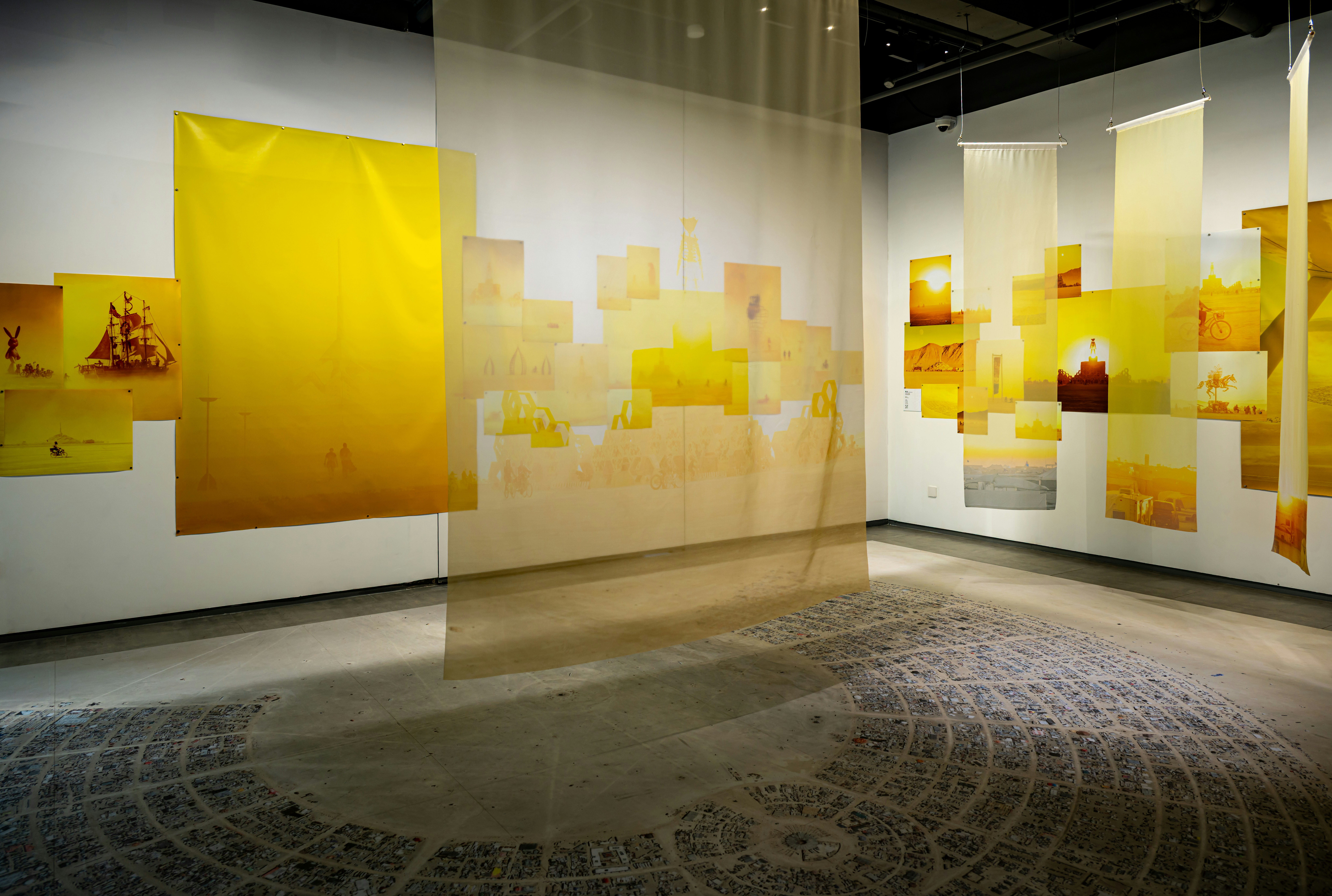 Amber Veils in Motion: A Minimalist Gallery Installation