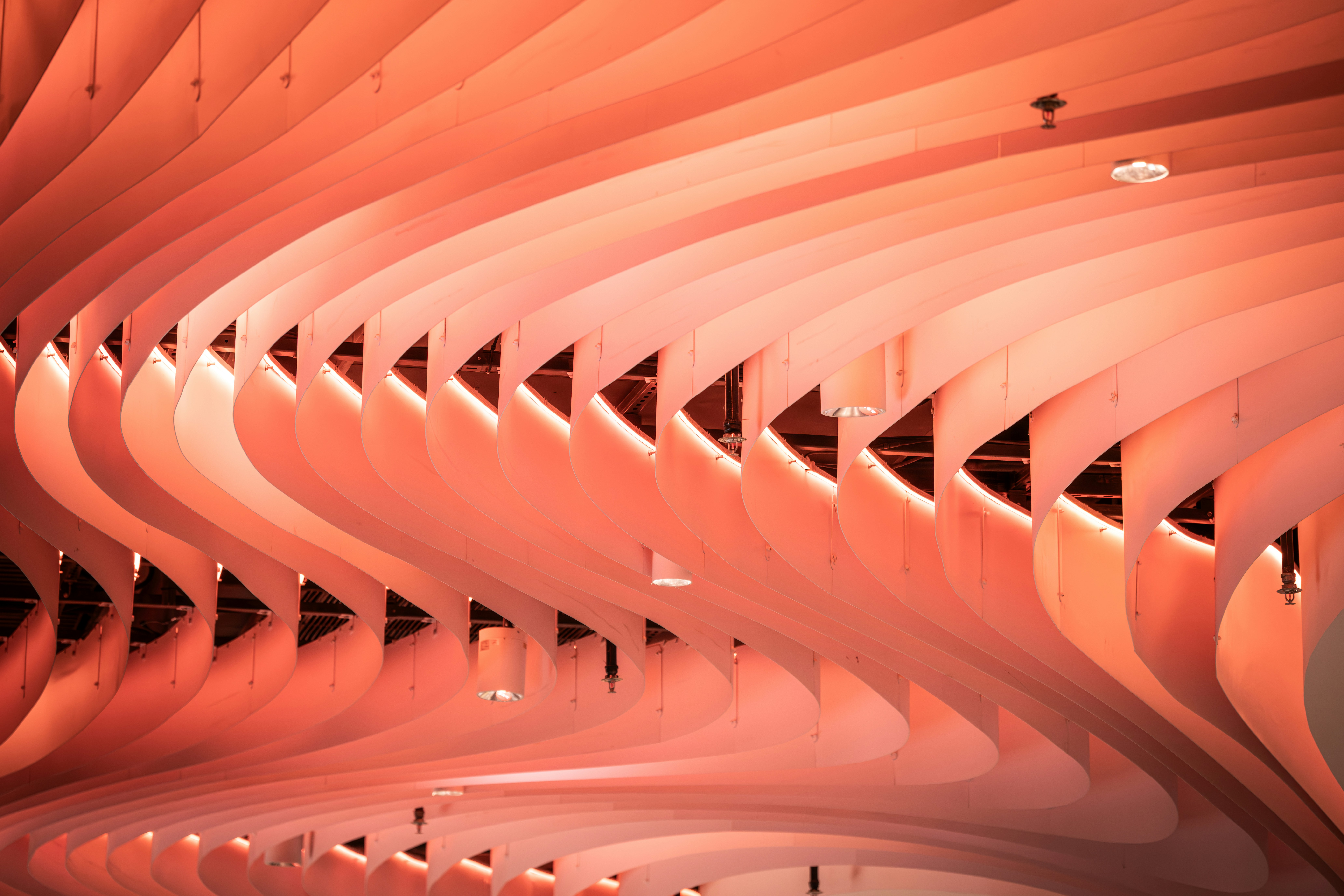 Wave-like architectural ceiling design illuminated in orange. photo ...