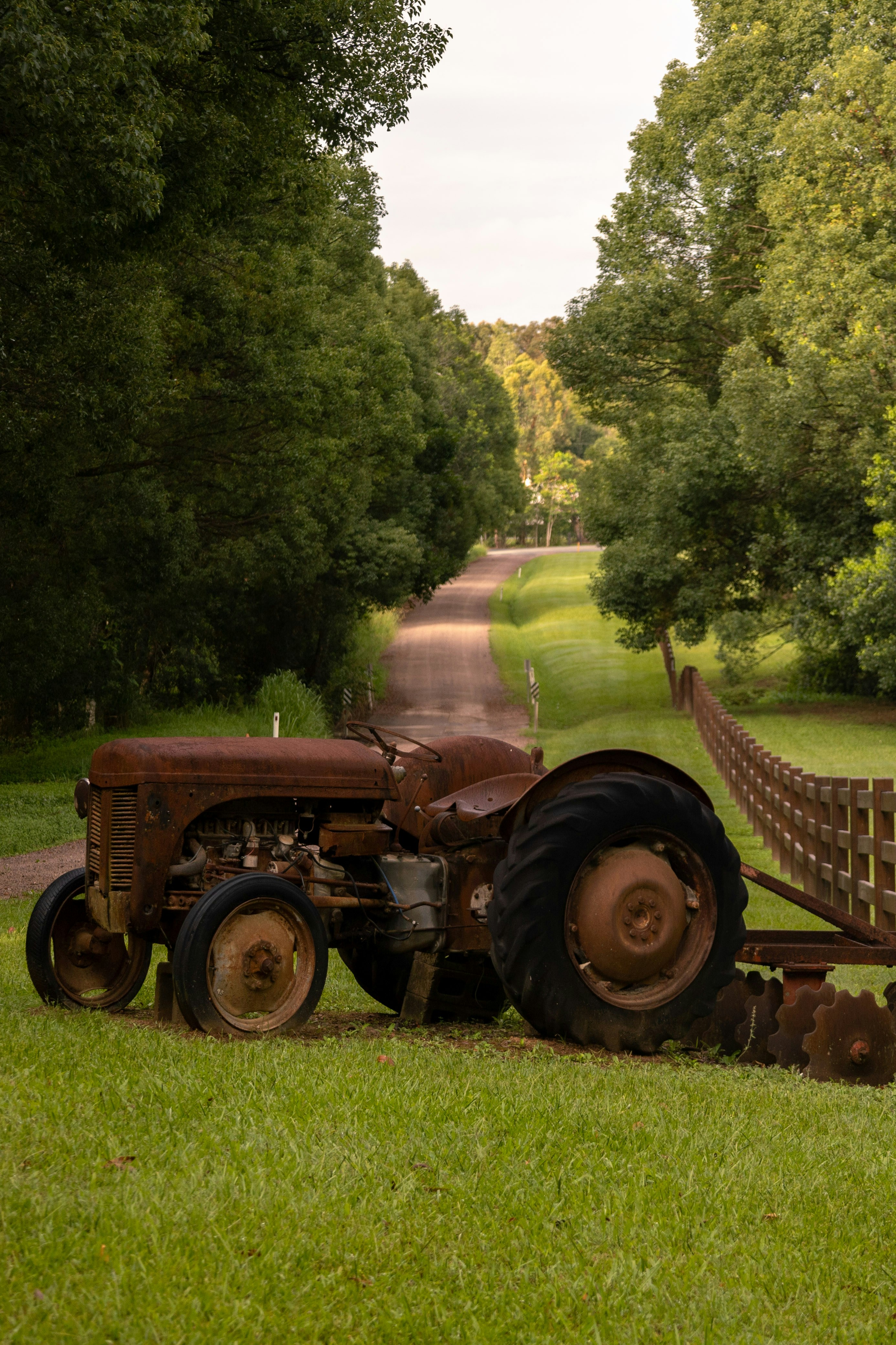 Rust and Roots: A Weathered Tractor Guards a Winding Farm Lane