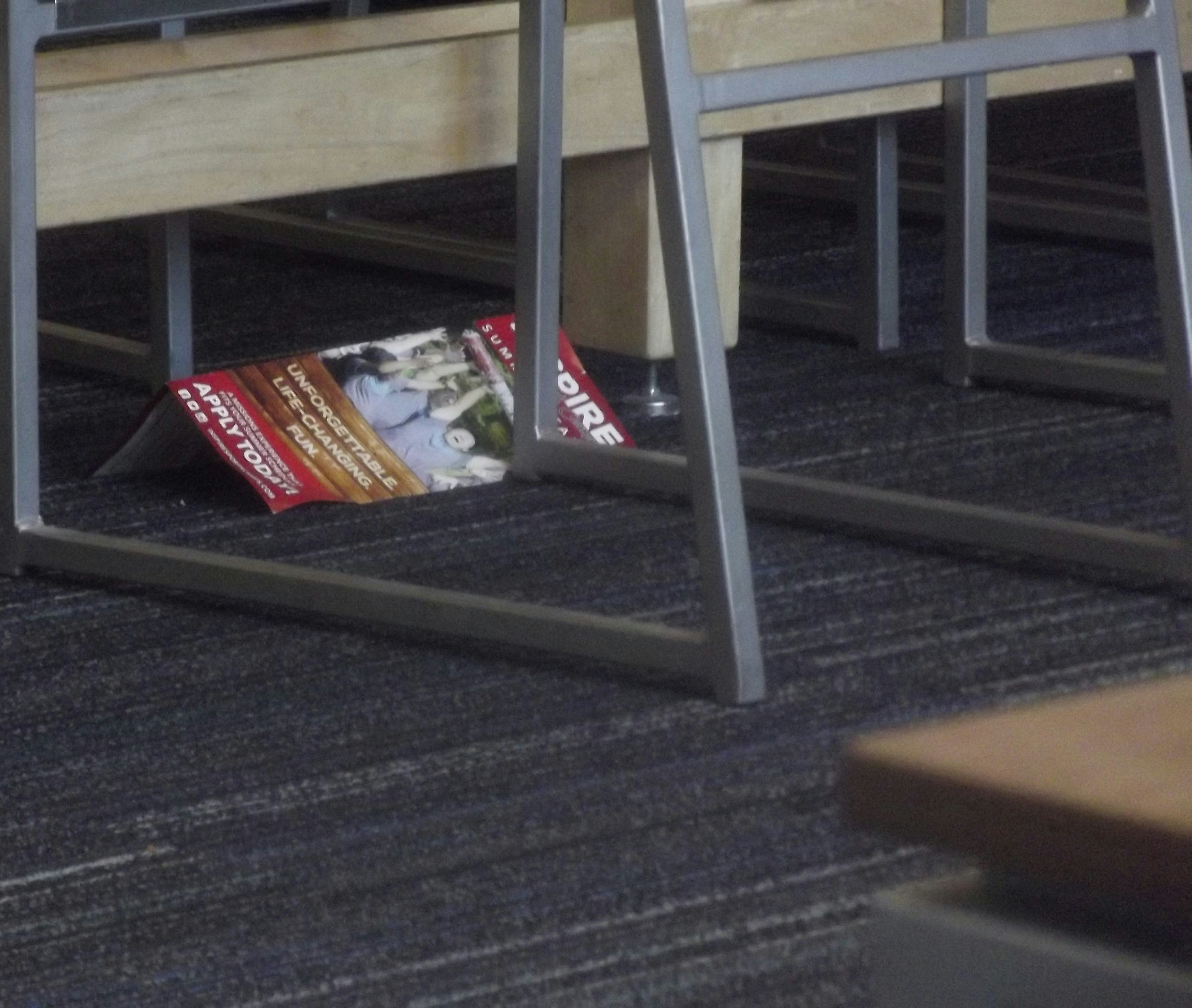 A magazine with a red cover is partially tucked under metal chair legs on a dark striped carpet. The scene suggests a casual, cluttered indoor space with furniture in view.