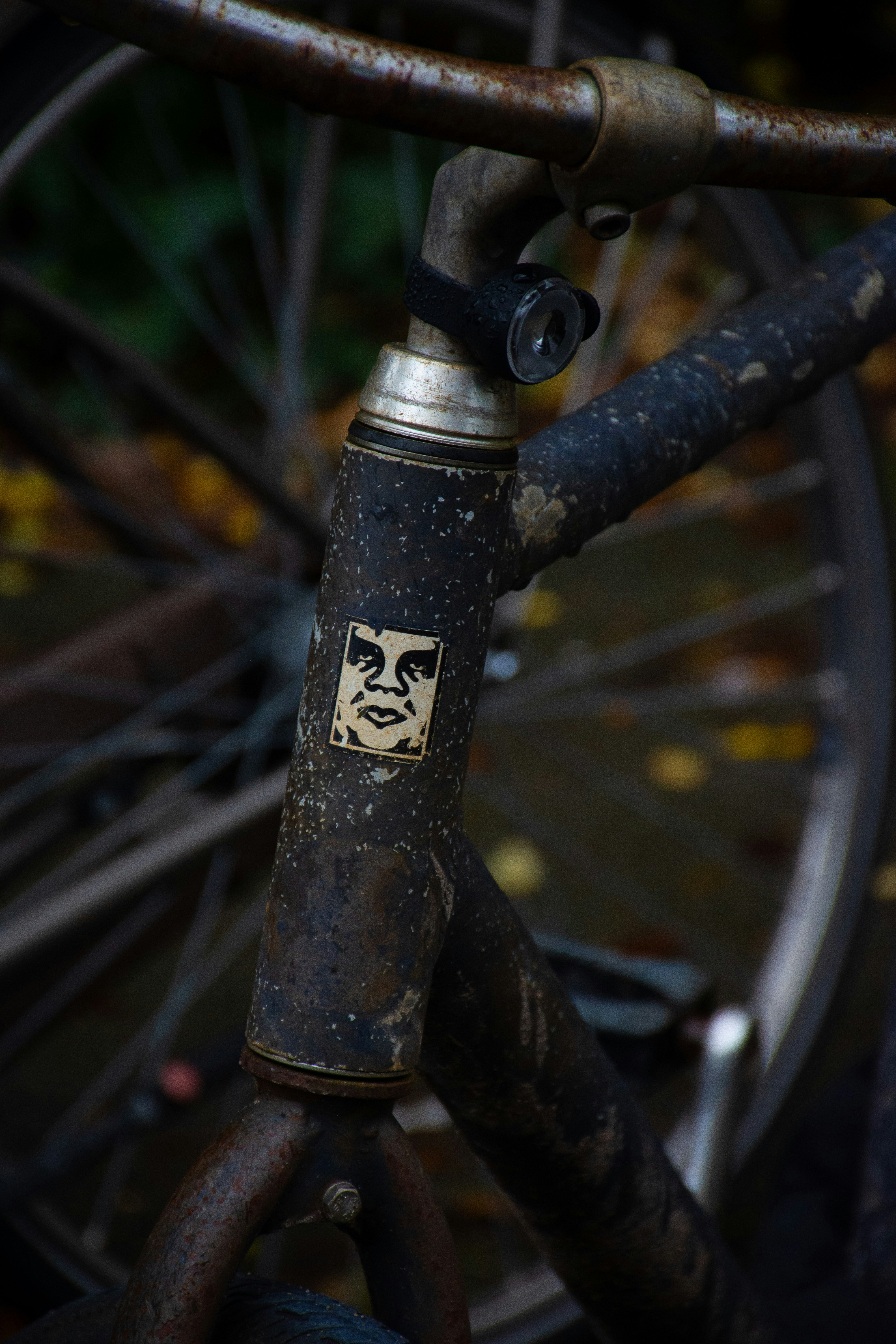 Close-up of a rusty bicycle with art.