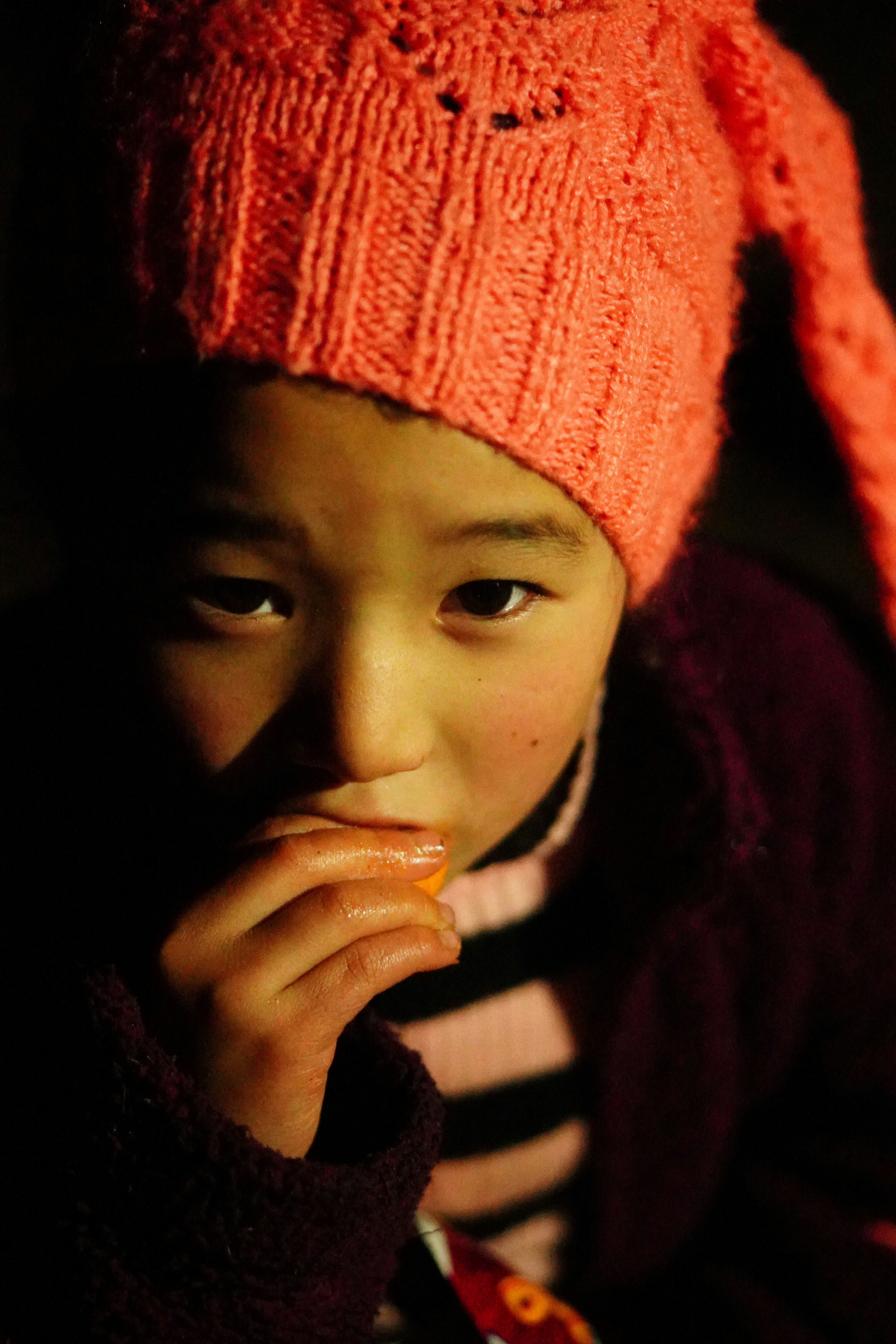 Midnight Snack: Quiet Gaze Under a Coral Knit