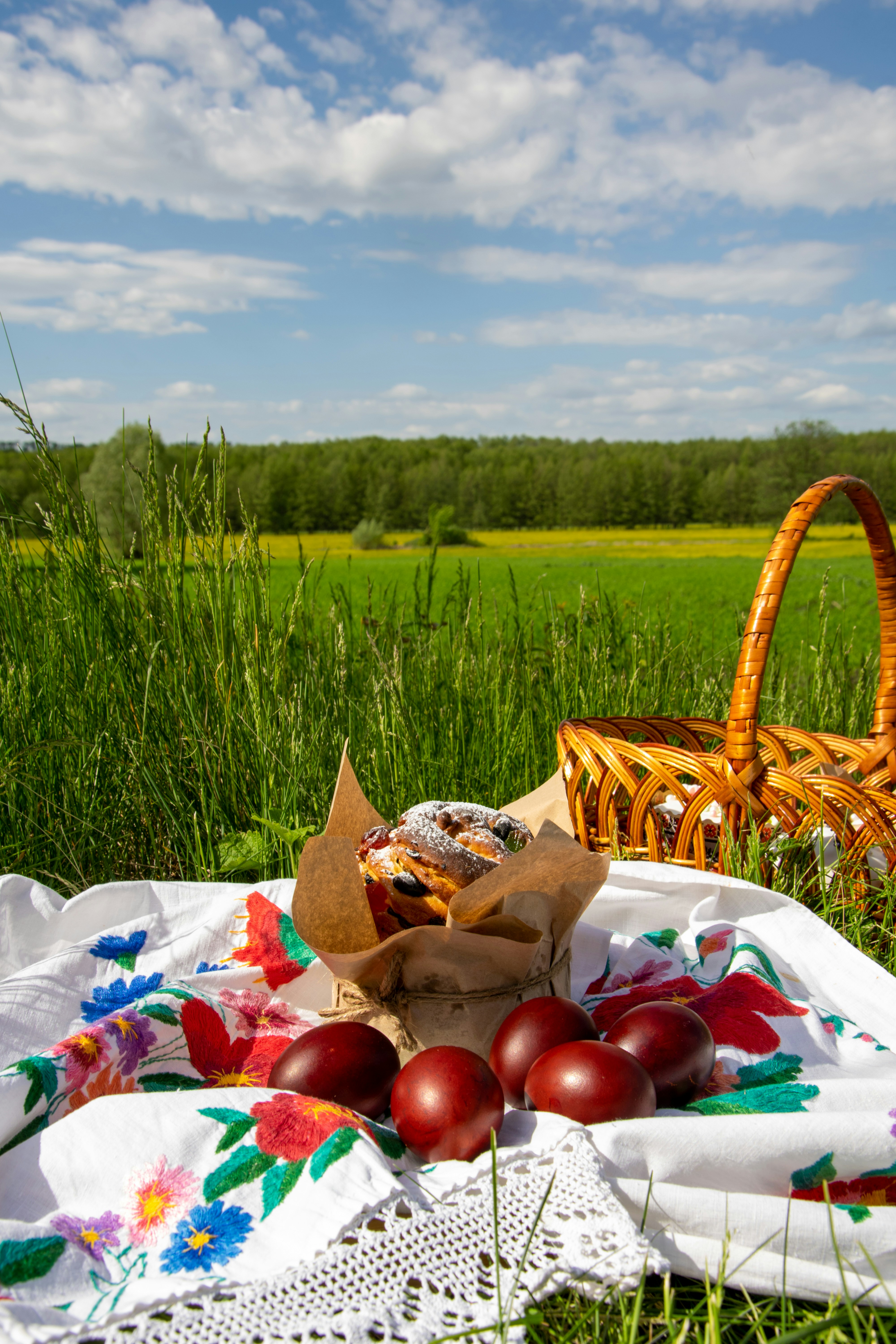 Meadow Picnic: Crimson Easter Eggs and a Wicker Basket on a Floral Cloth