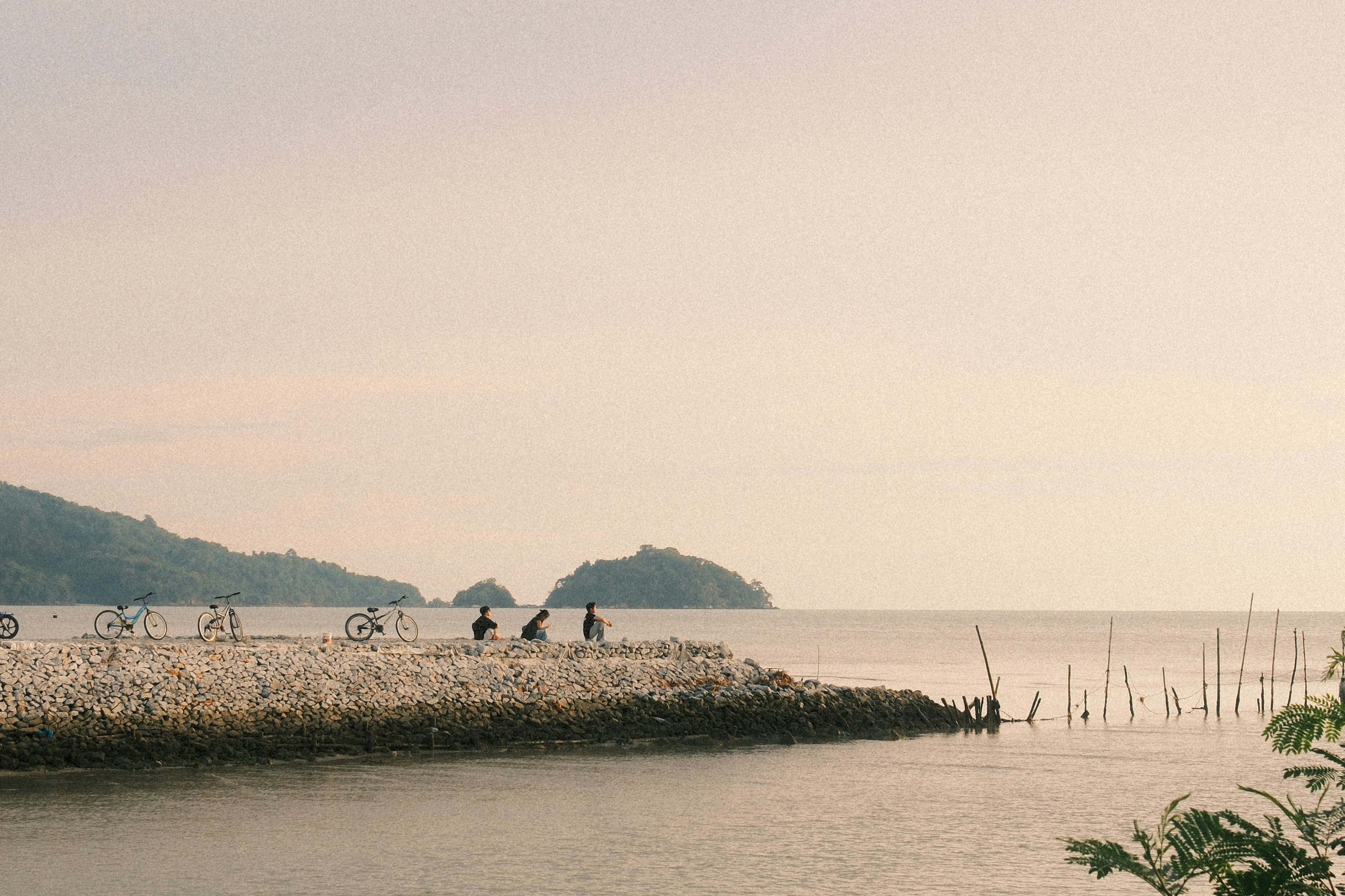 Pebble Jetty at Dusk: Pedestrians and Bicycles Along a Quiet Breakwater