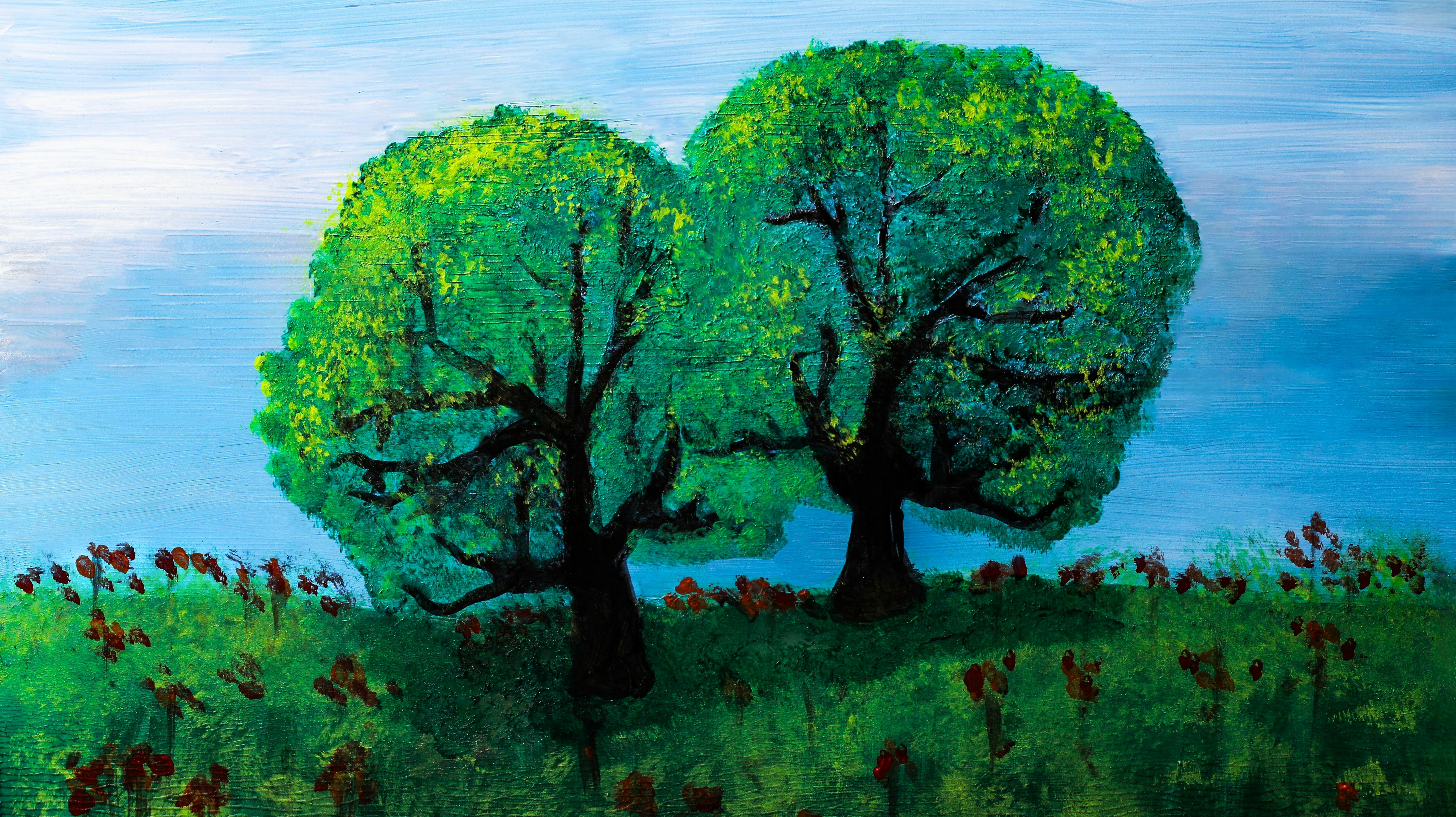 Colorful painting of two lush green trees on a grassy field under a bright sky.