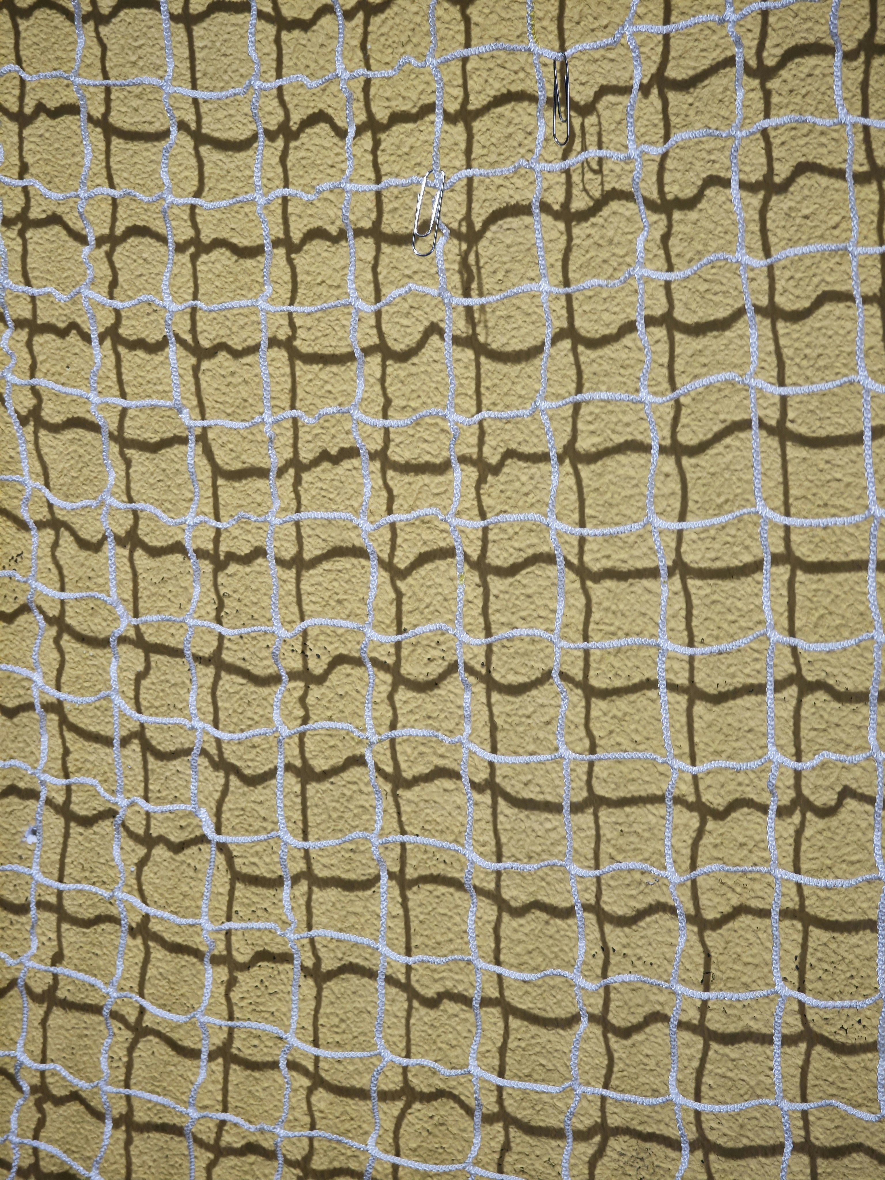 White net laid over a textured beige wall creates a bright lattice pattern. A small metal loop sits near the top center.