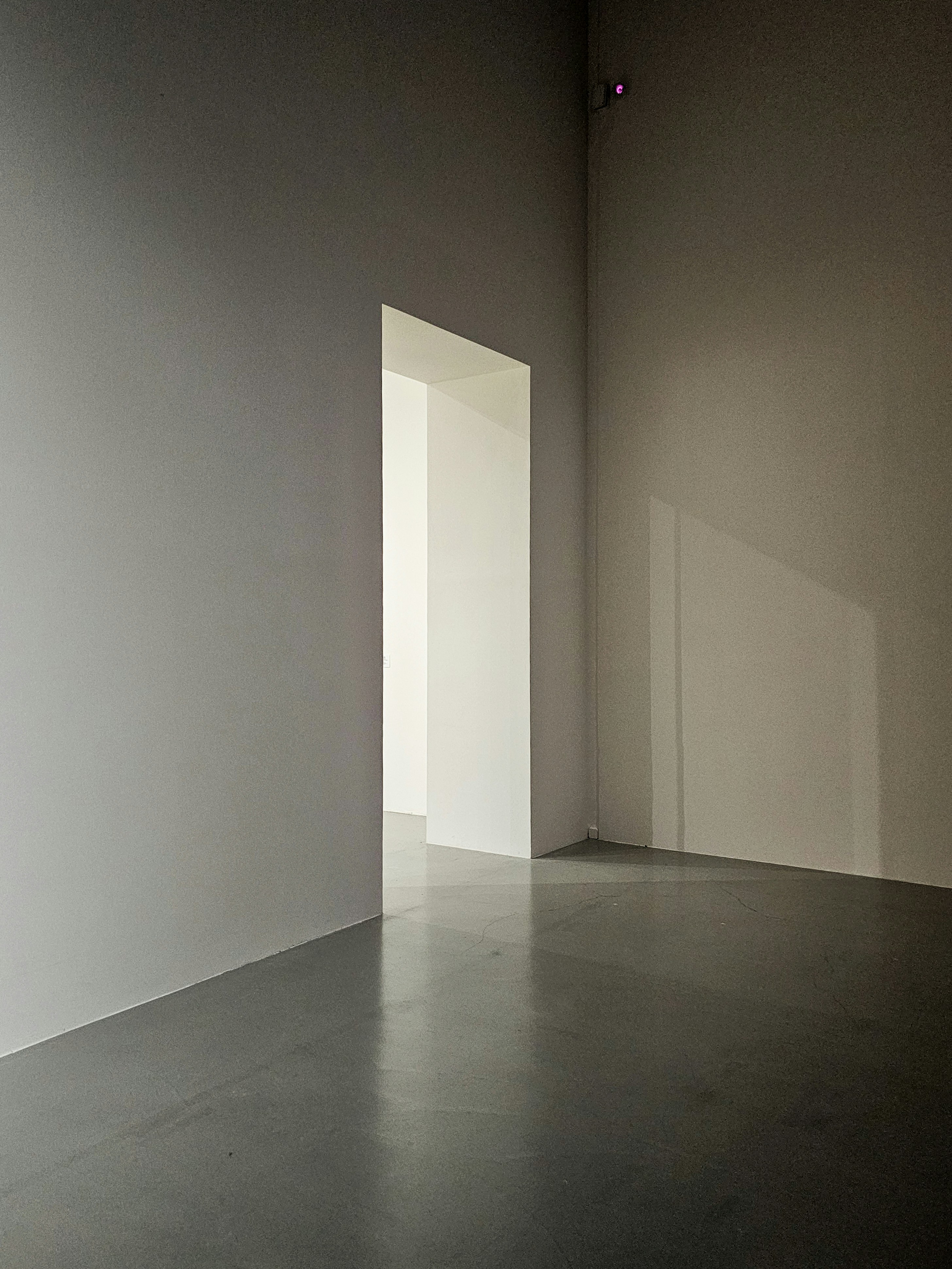 Minimalist room with a doorway casting soft shadows on a polished floor.