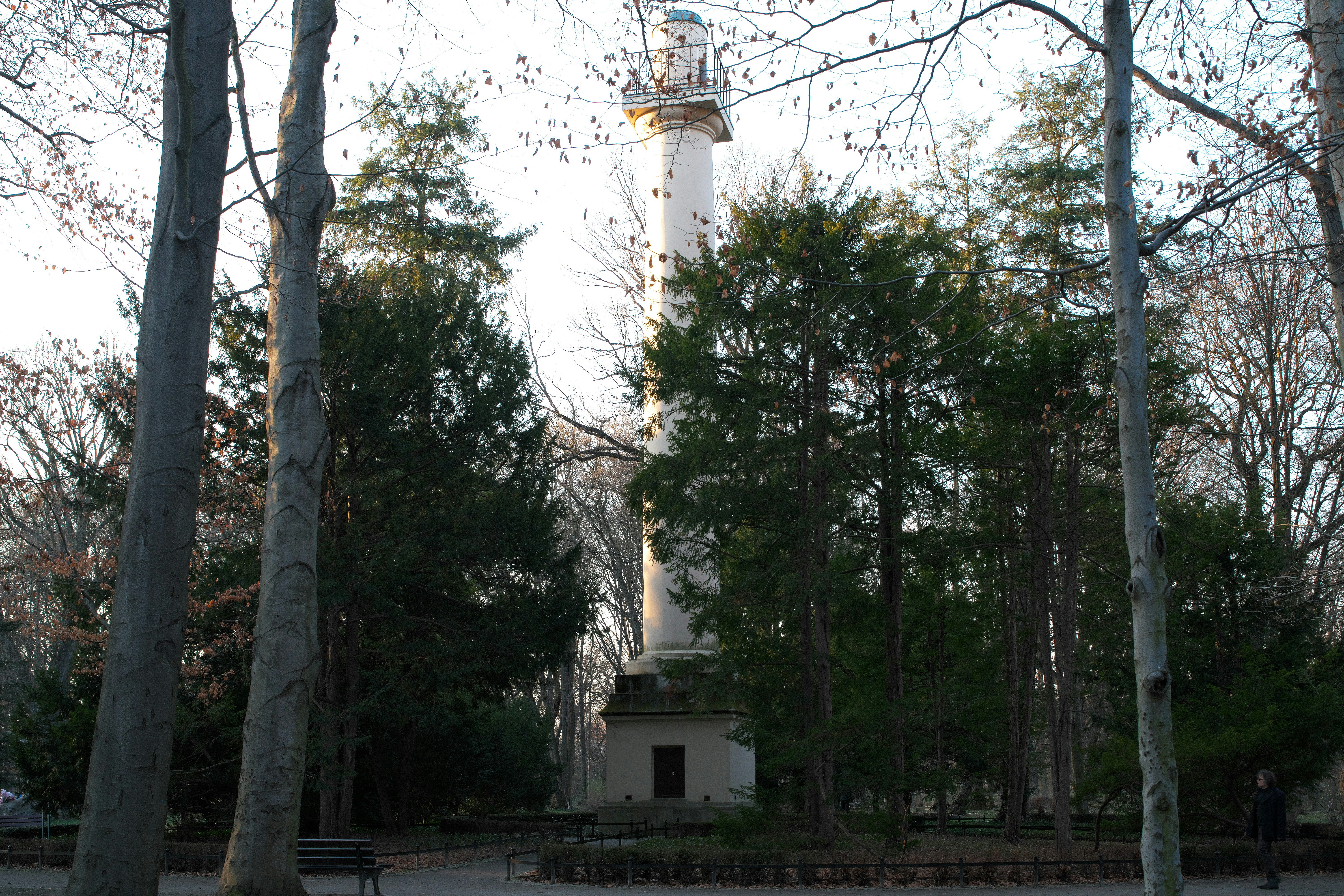 Tall lighthouse surrounded by bare trees in a serene park setting.