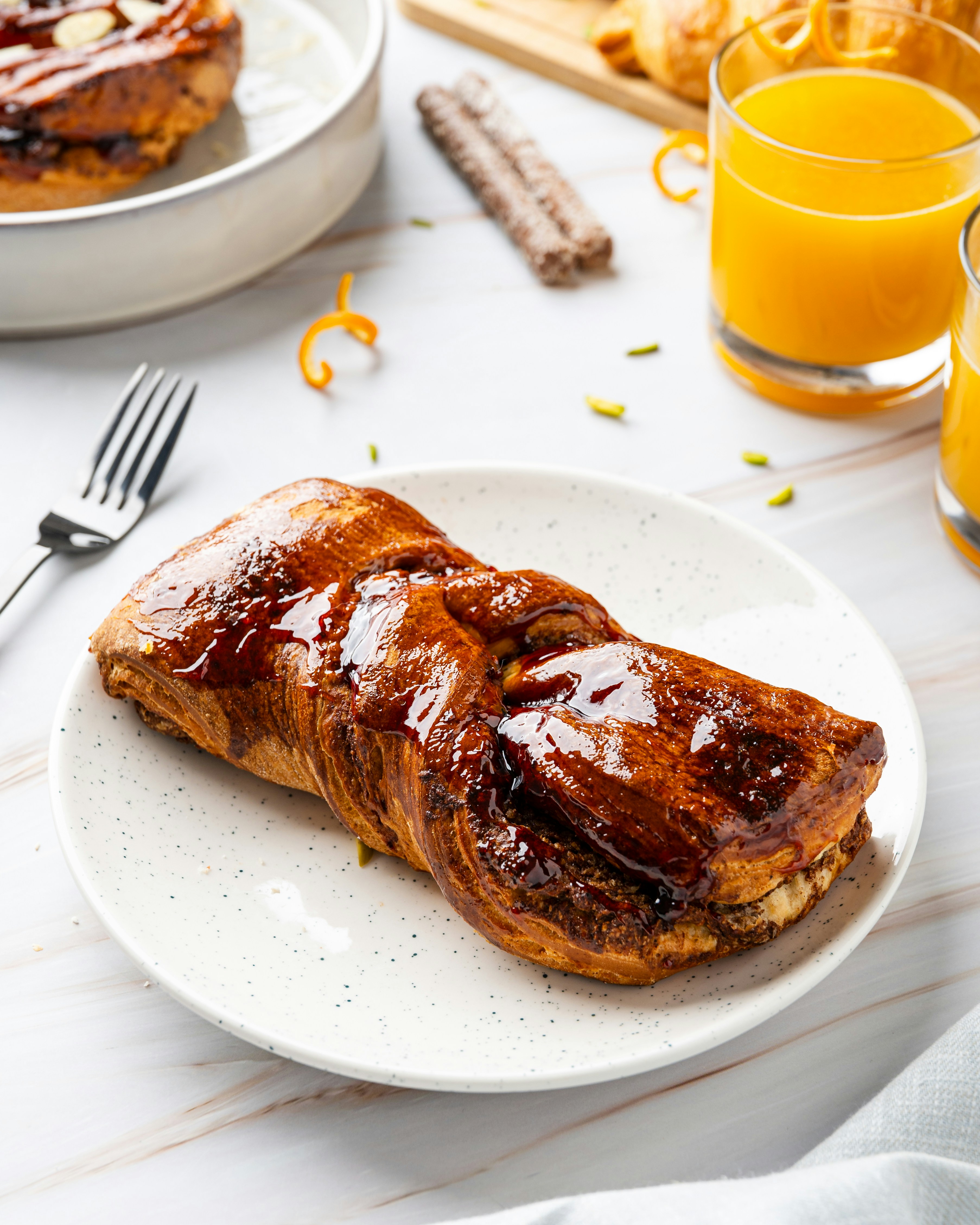 Delicious pastry and orange juice make a perfect breakfast. photo ...