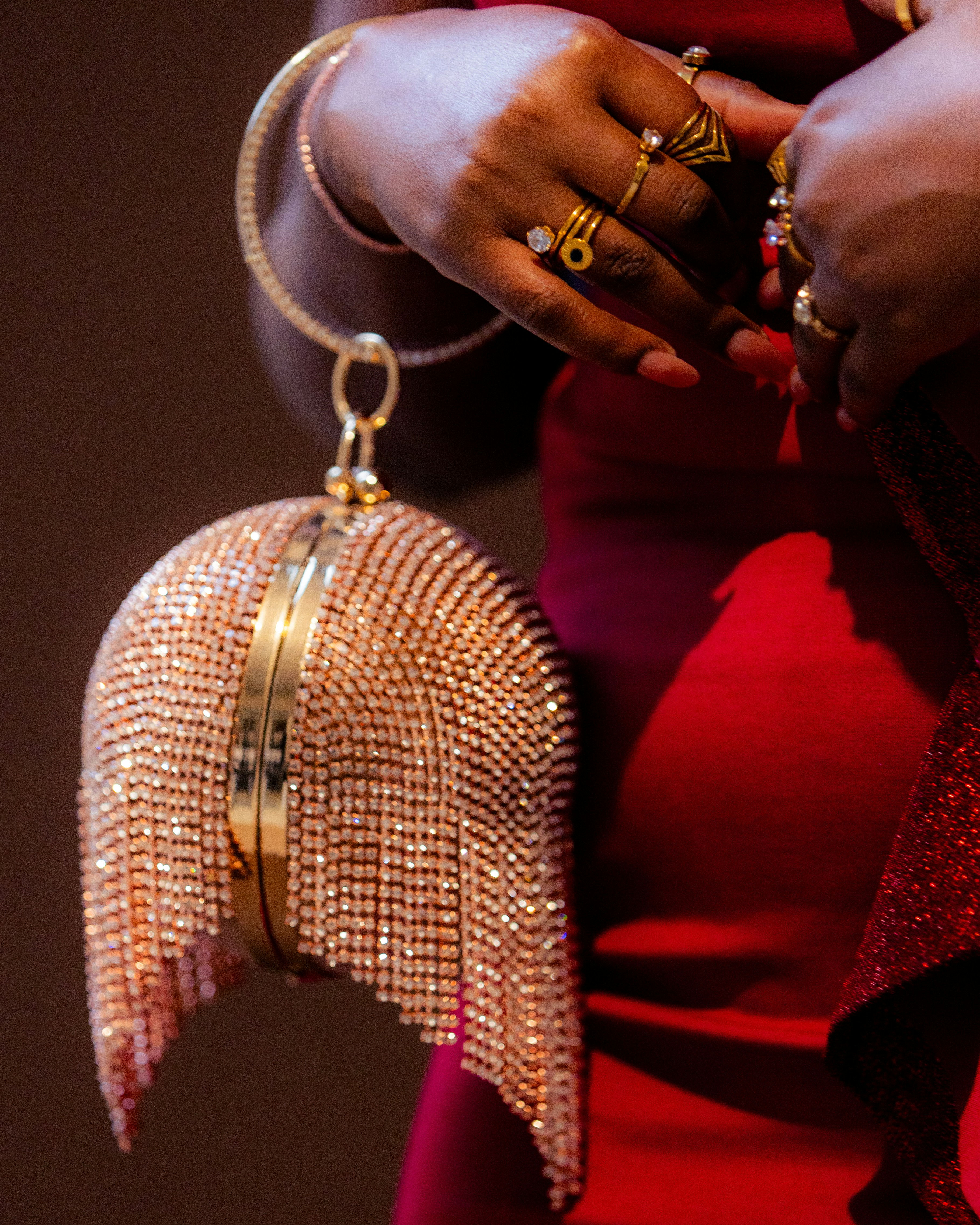 Crystal Fringe Clutch: Velvet Red Glow and Handcrafted Shine