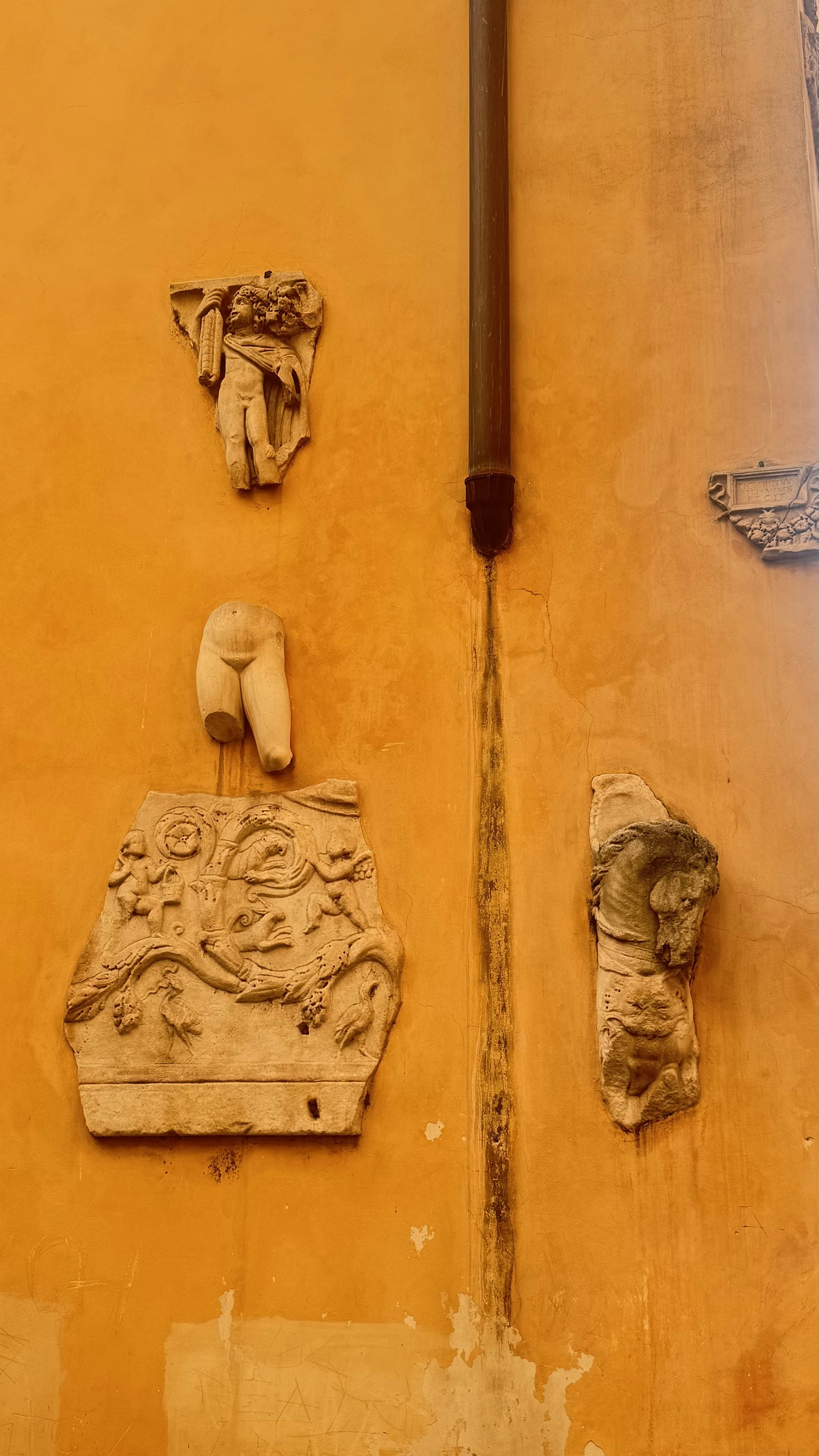 Sculptural Fragments on Sunlit Roman Wall
