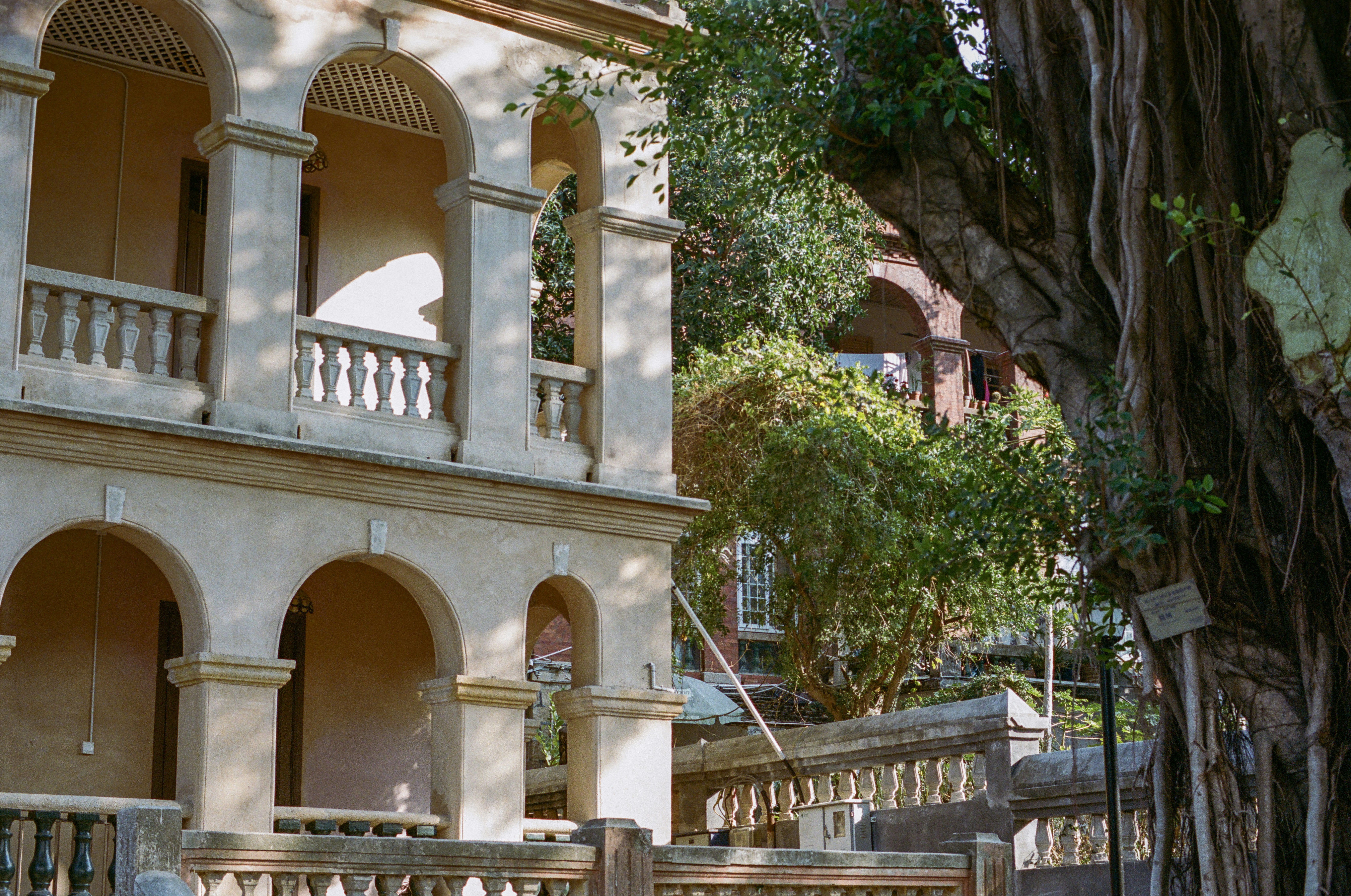 Classical building with arched openings near a large tree. photo – Free ...
