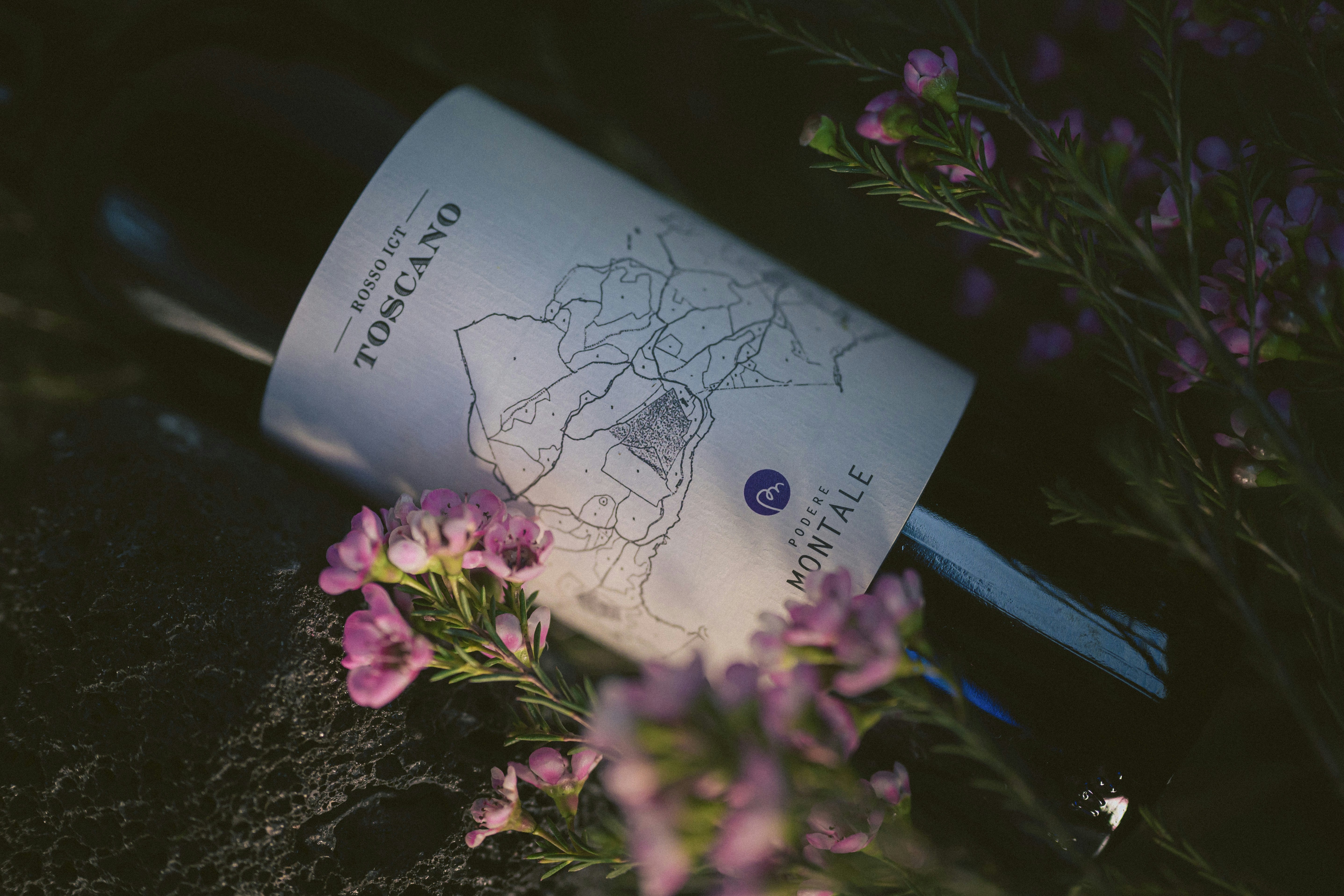 Italian red wine bottle nestled among purple flowers and dark volcanic stones.