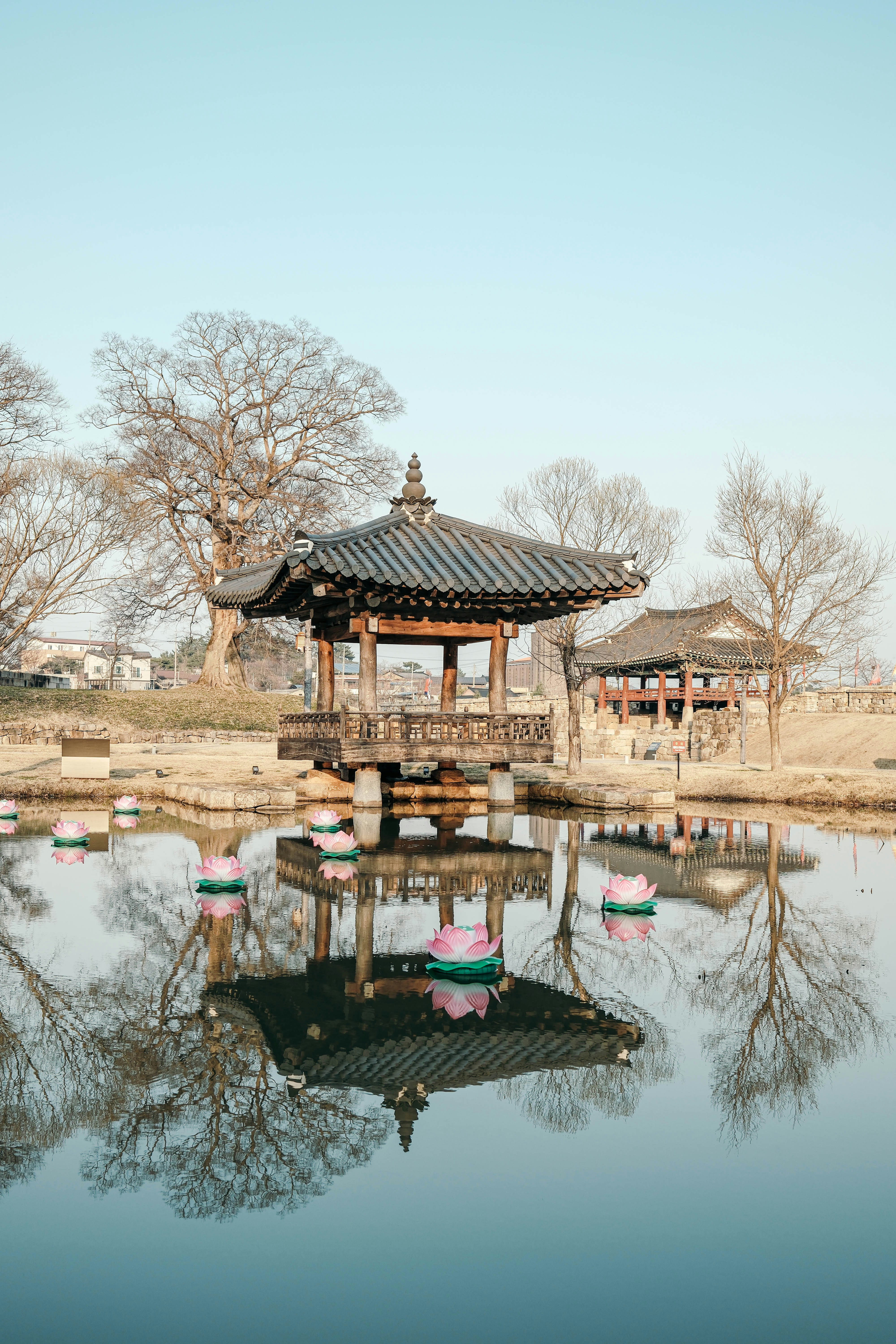 Pavilion Over a Quiet Pond Among Floating Pink Lotus Lanterns