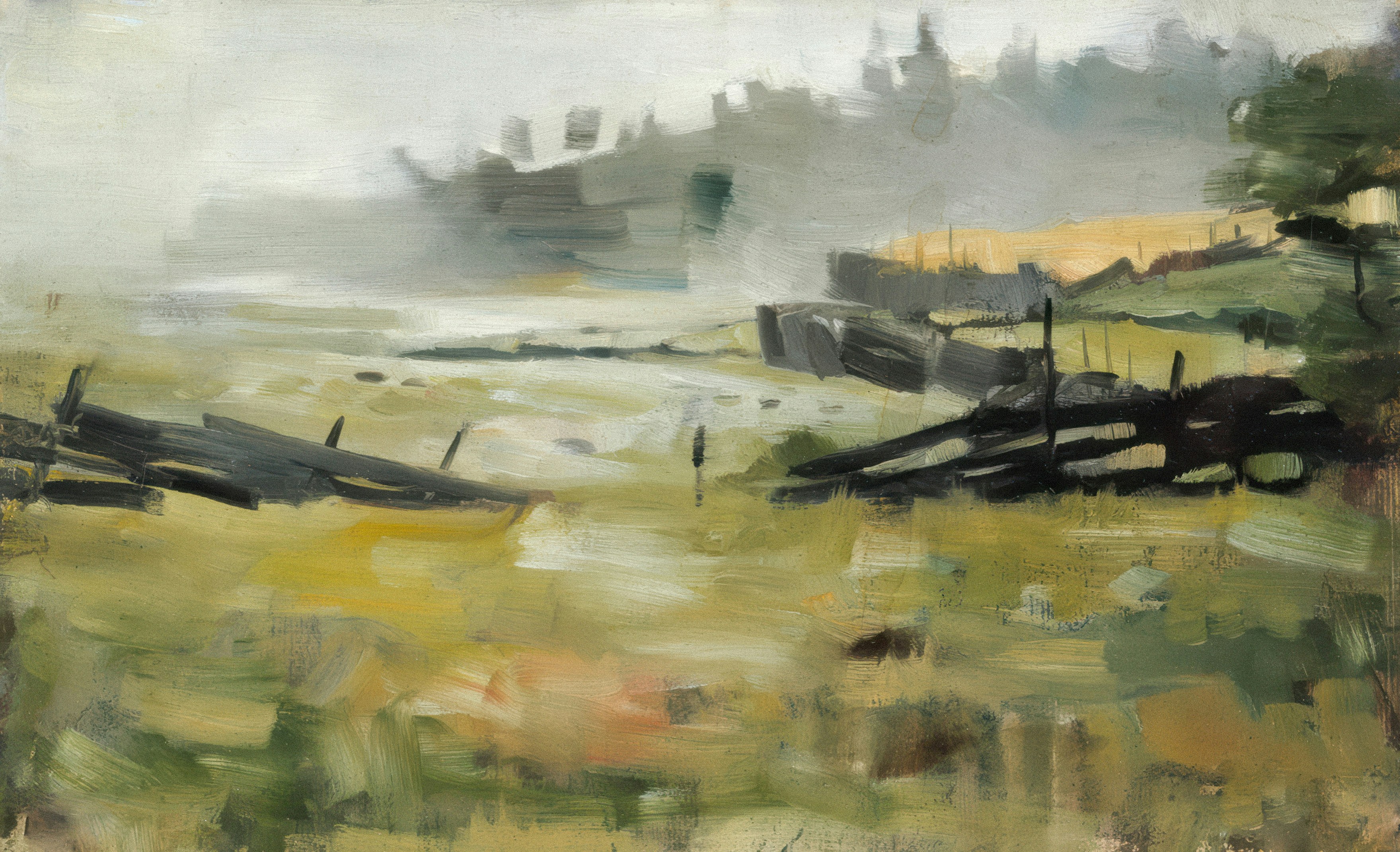 A misty landscape shows broken fences and fields. photo – Free Art ...