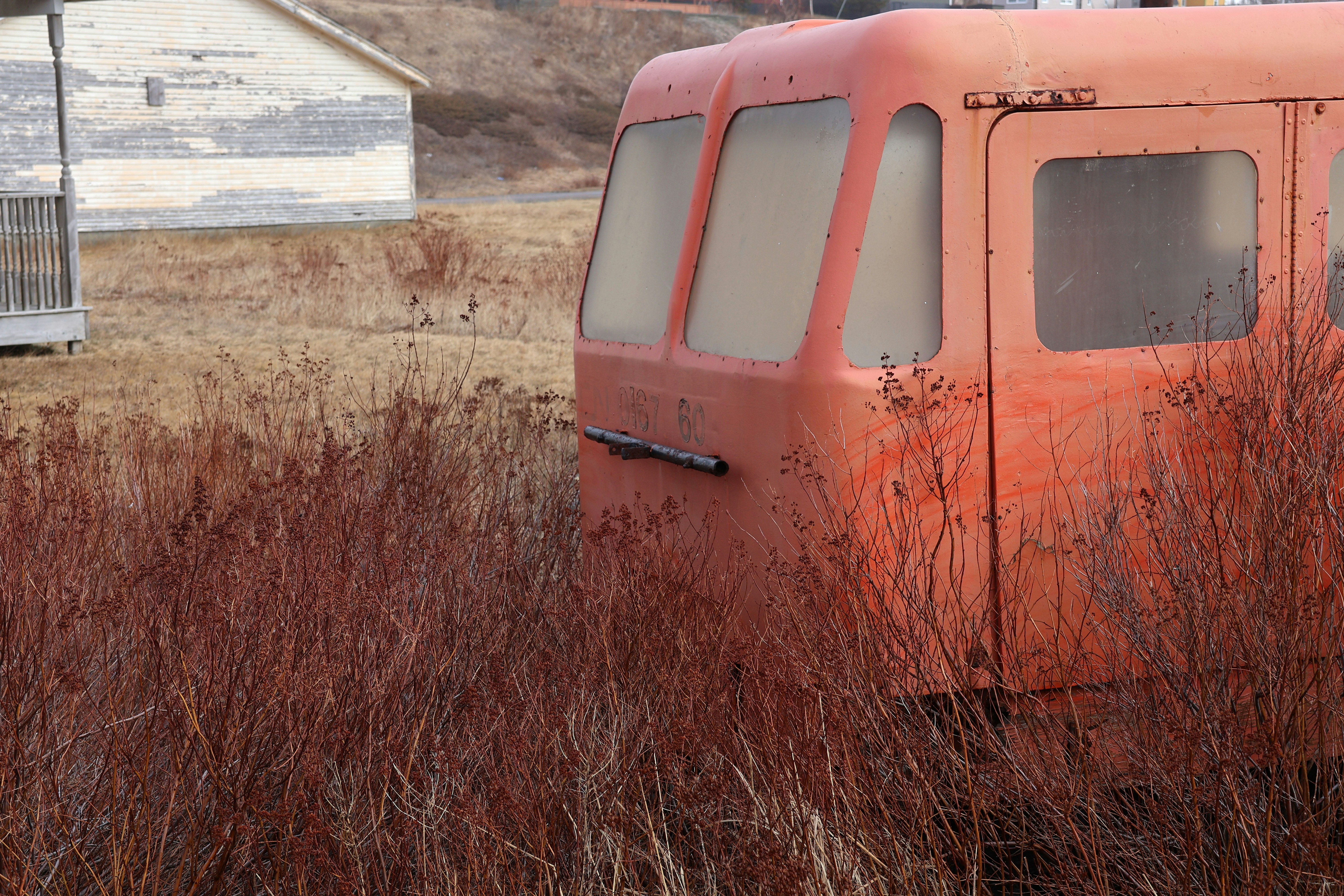 Weathered red vehicle cabin partially obscured by tall brown grasses in a rural setting with an old building in the background.