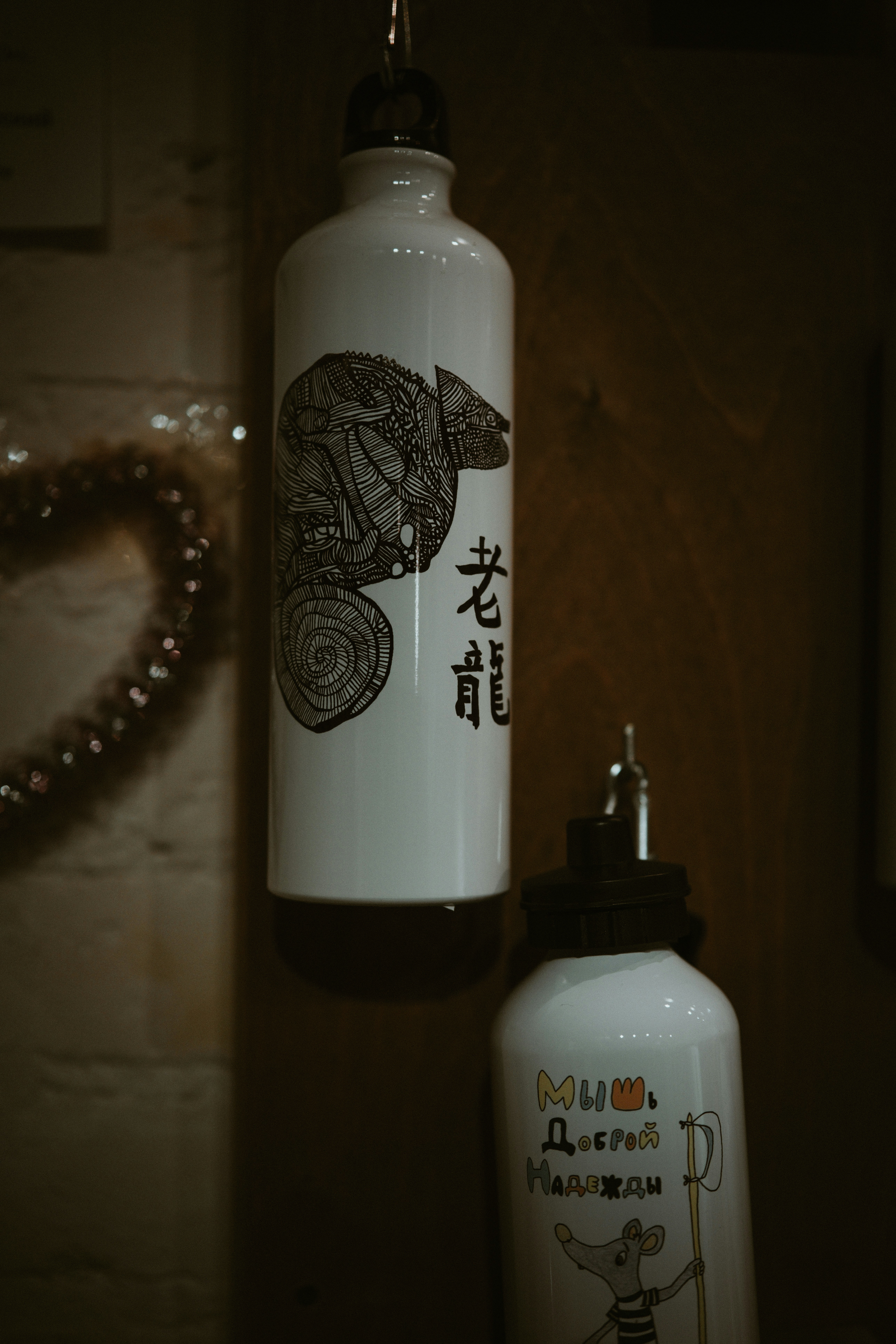 Hanging Vessels: Dragon Script and Mouse on White Ceramic