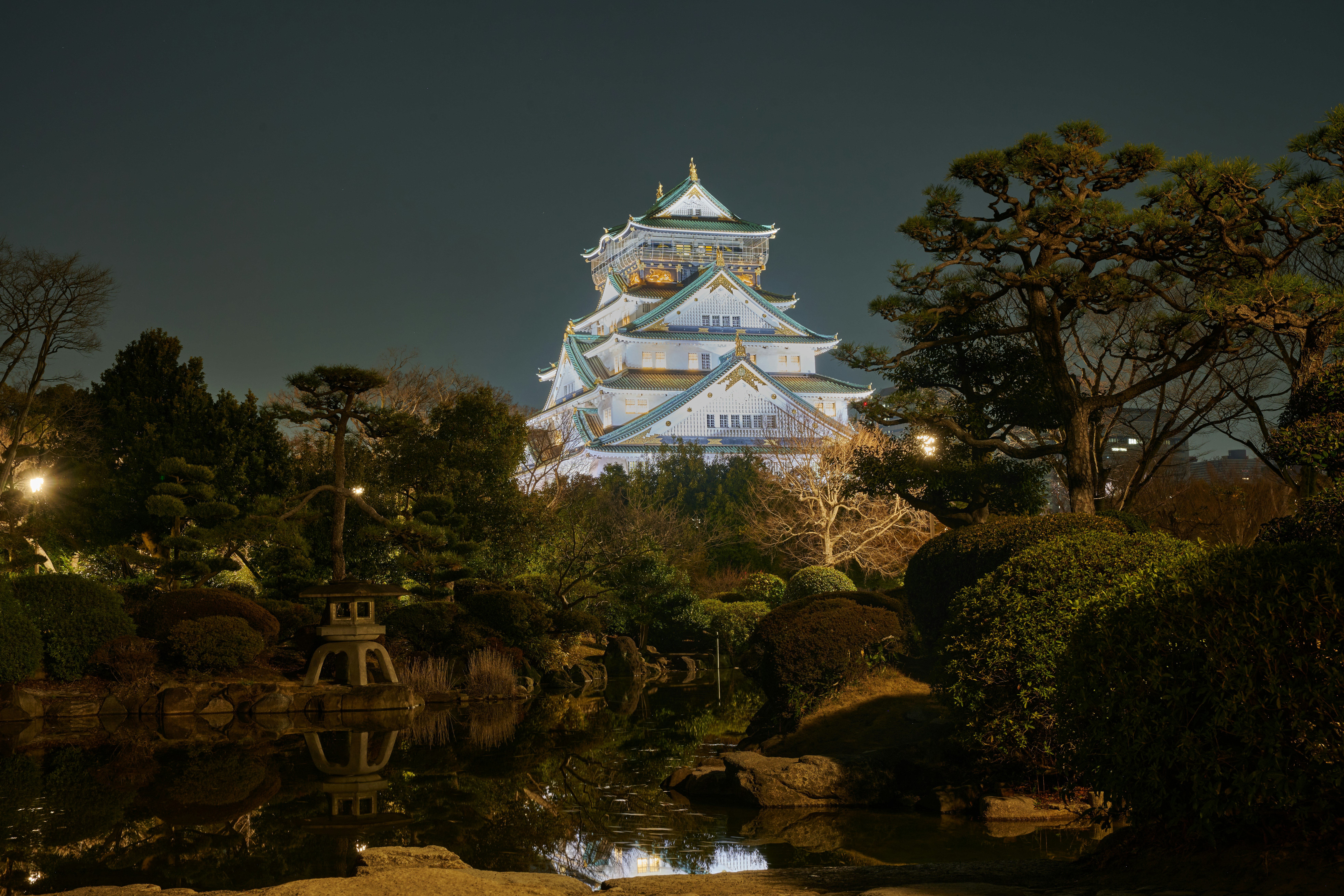 Moonlit Osaka Castle: Gateways Through Nightlit Pines