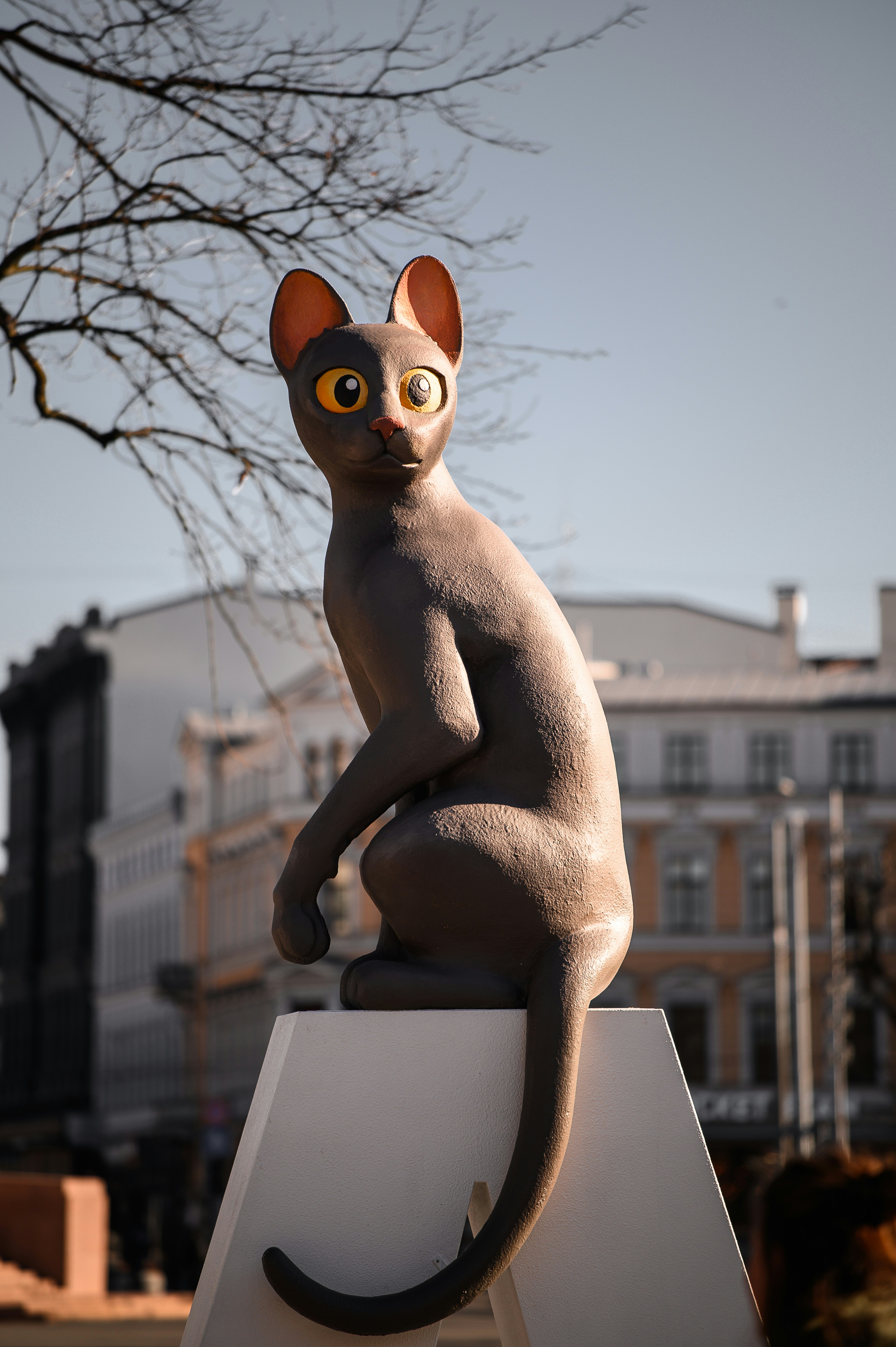 Amber-Eyed Sentinel: A Cat Sculpture Guarding the Urban Street