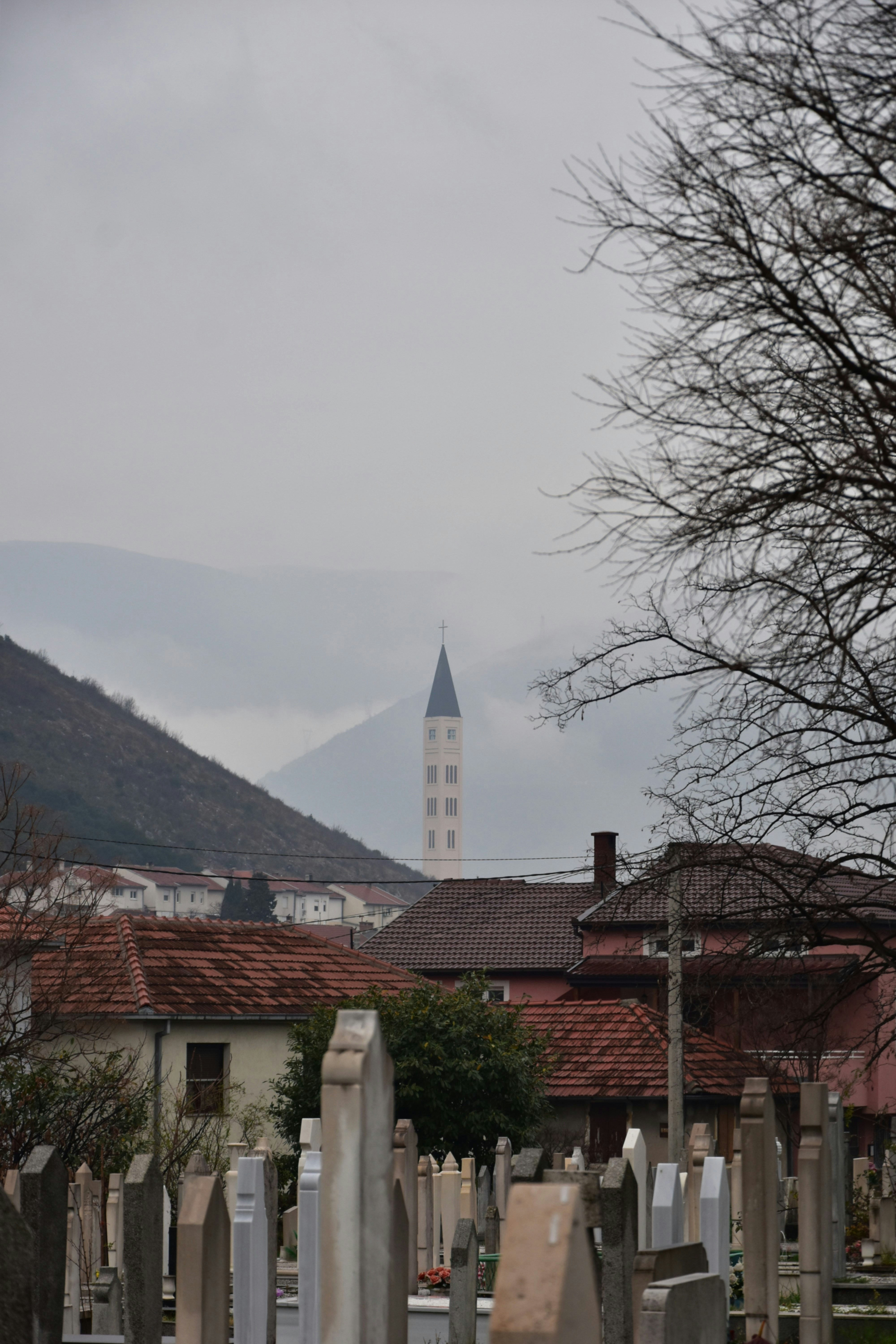 Tower Against Mist: A Quiet Village Skyline Framed by Cemetery Pines