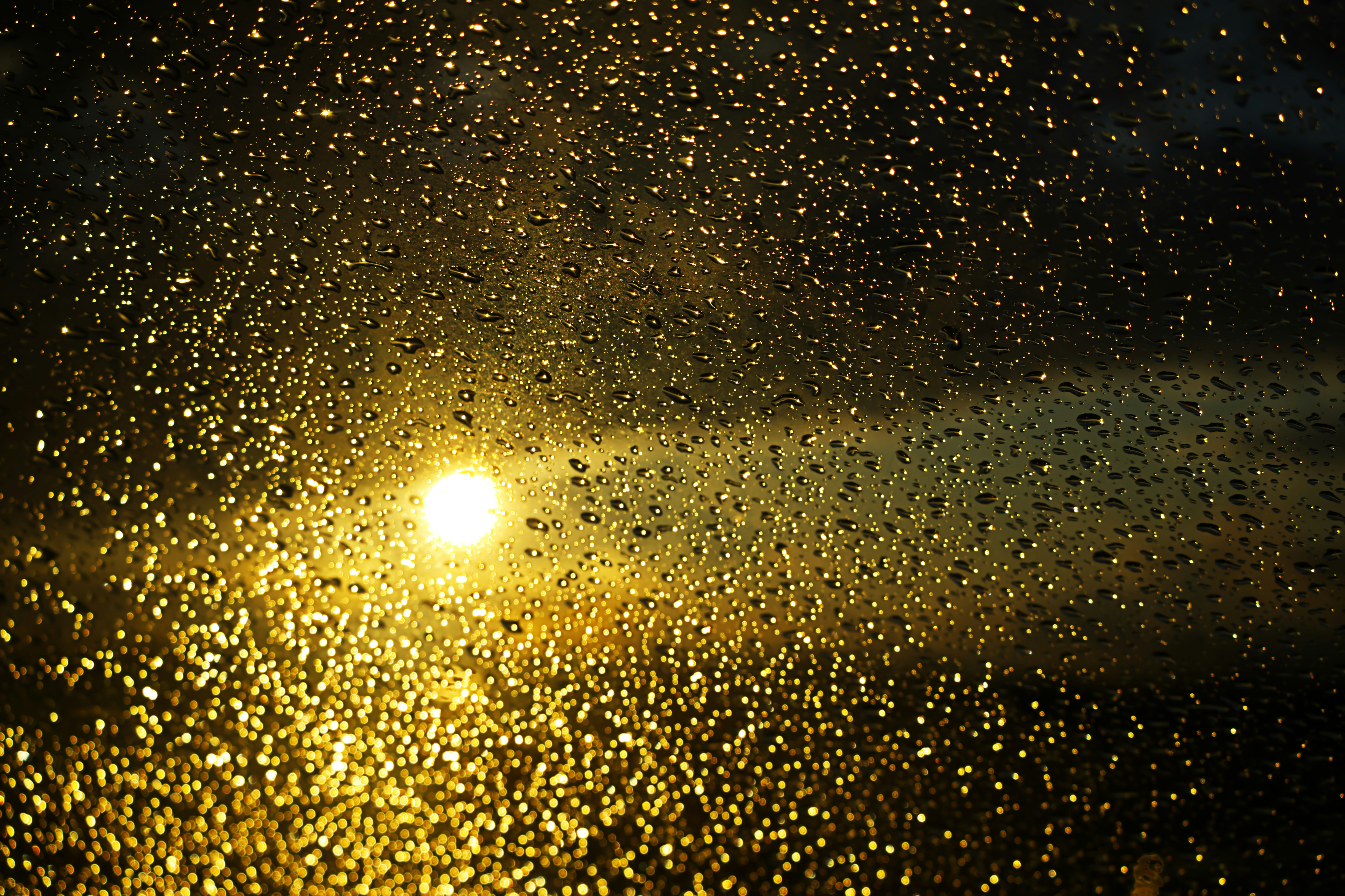 Golden Rain on Glass: Night Light Through Raindrops