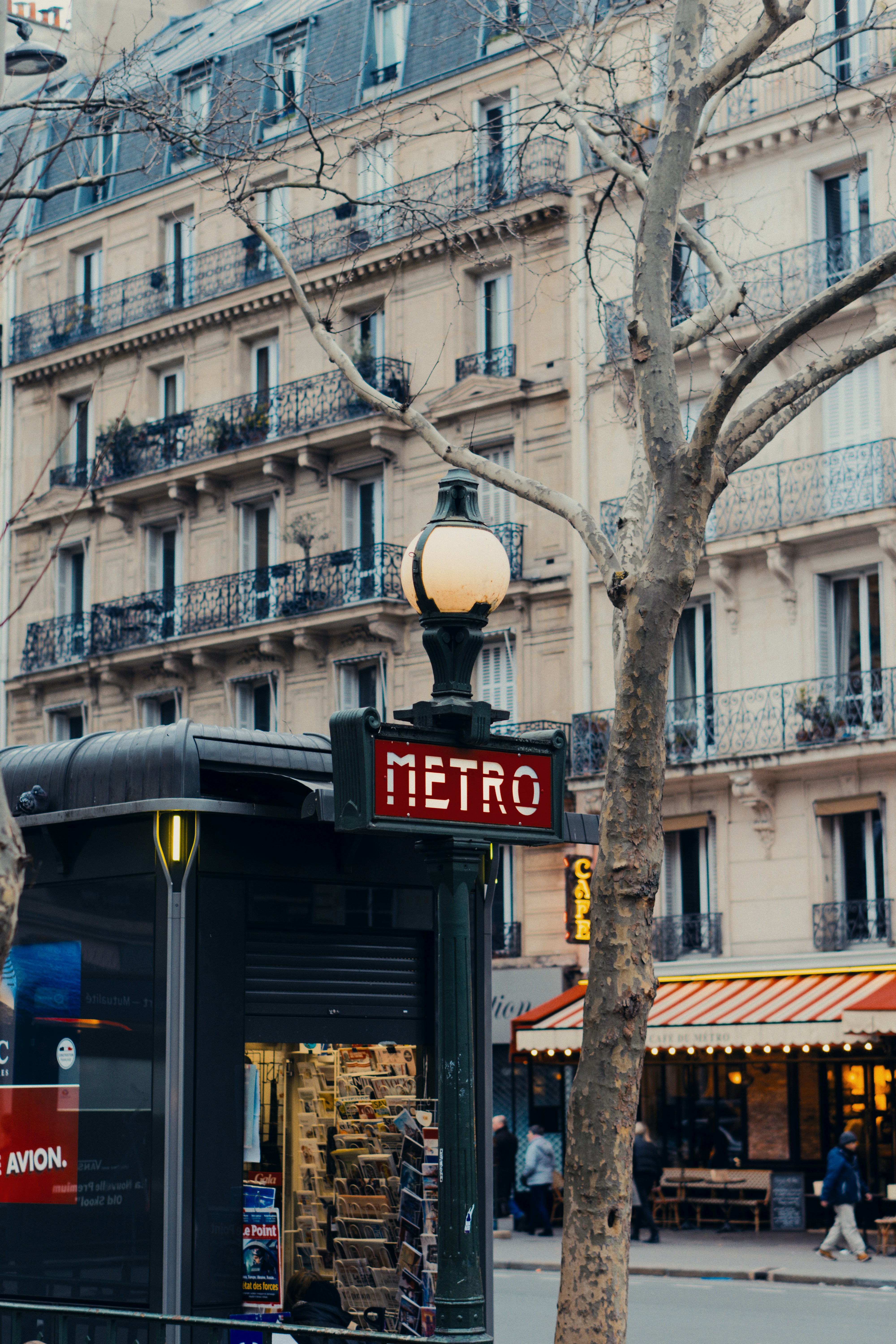 Metro Sign Framed by Parisian Facades and a Leafless Tree
