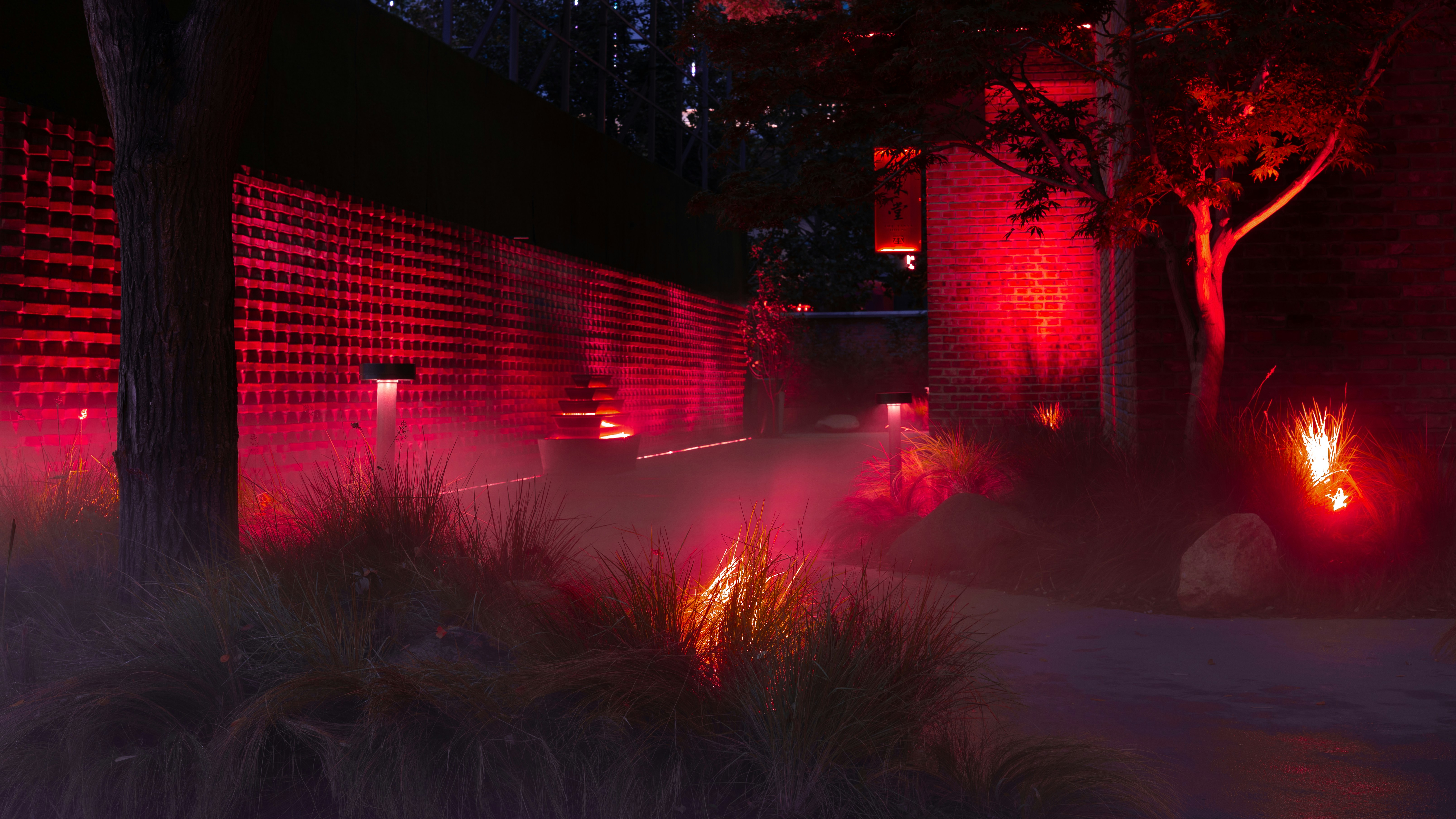 Red Veil Corridor: Fog-Lit Night Walk Through a Modern Garden Wall