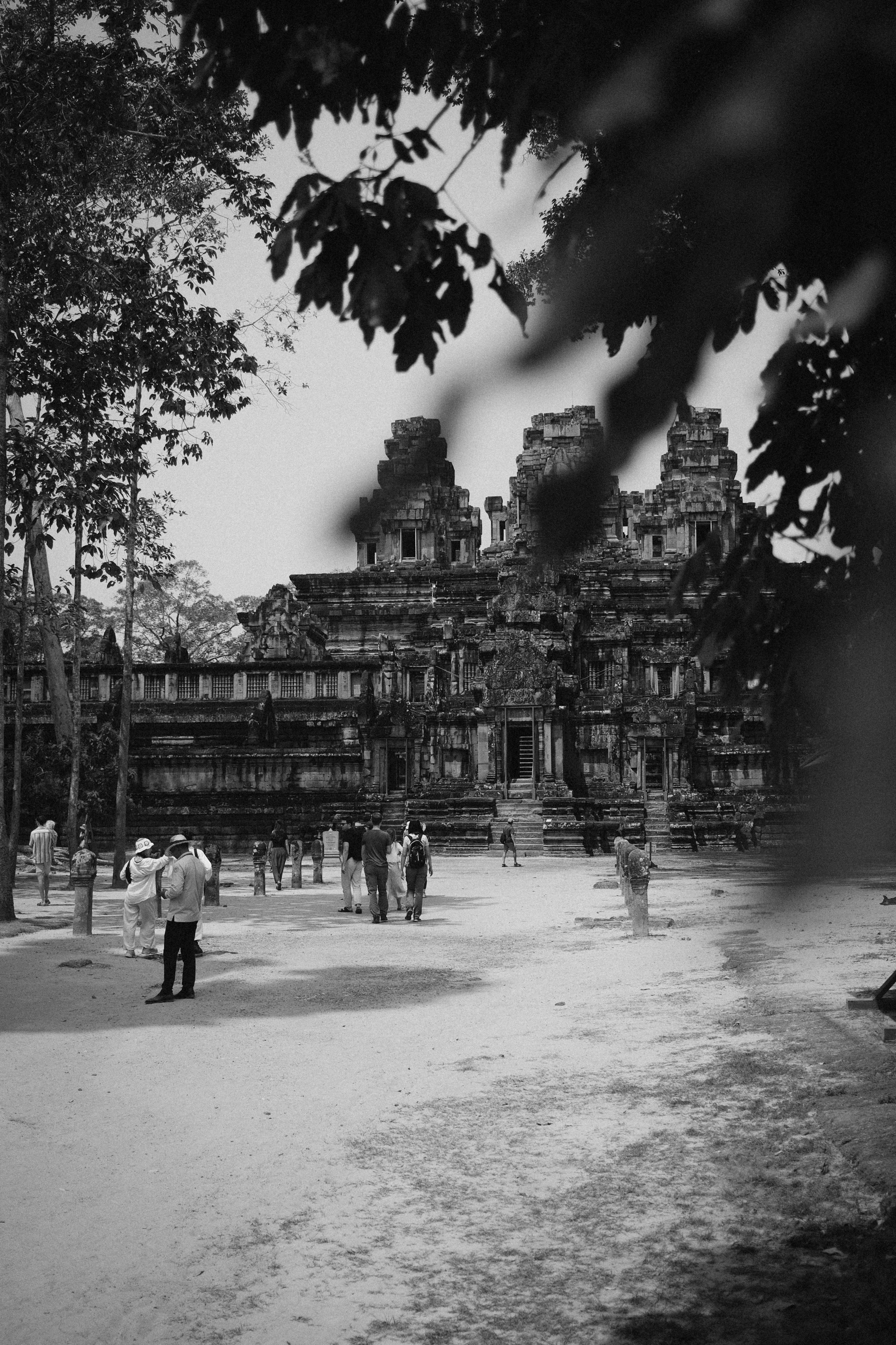 Black and white view of Angkor ruins, partially obscured by foliage, with visitors exploring the site.