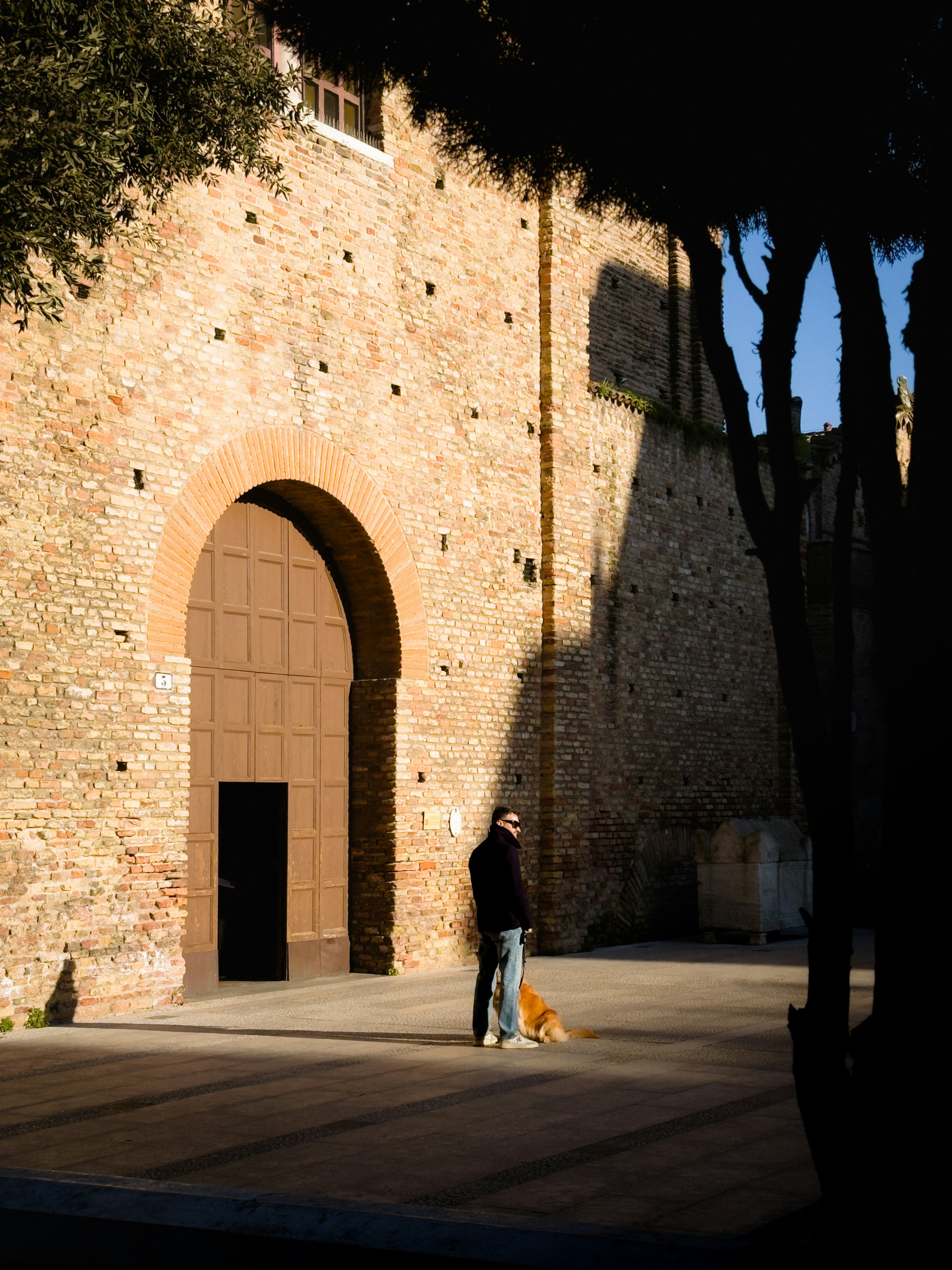 Man and dog stand before a large building.