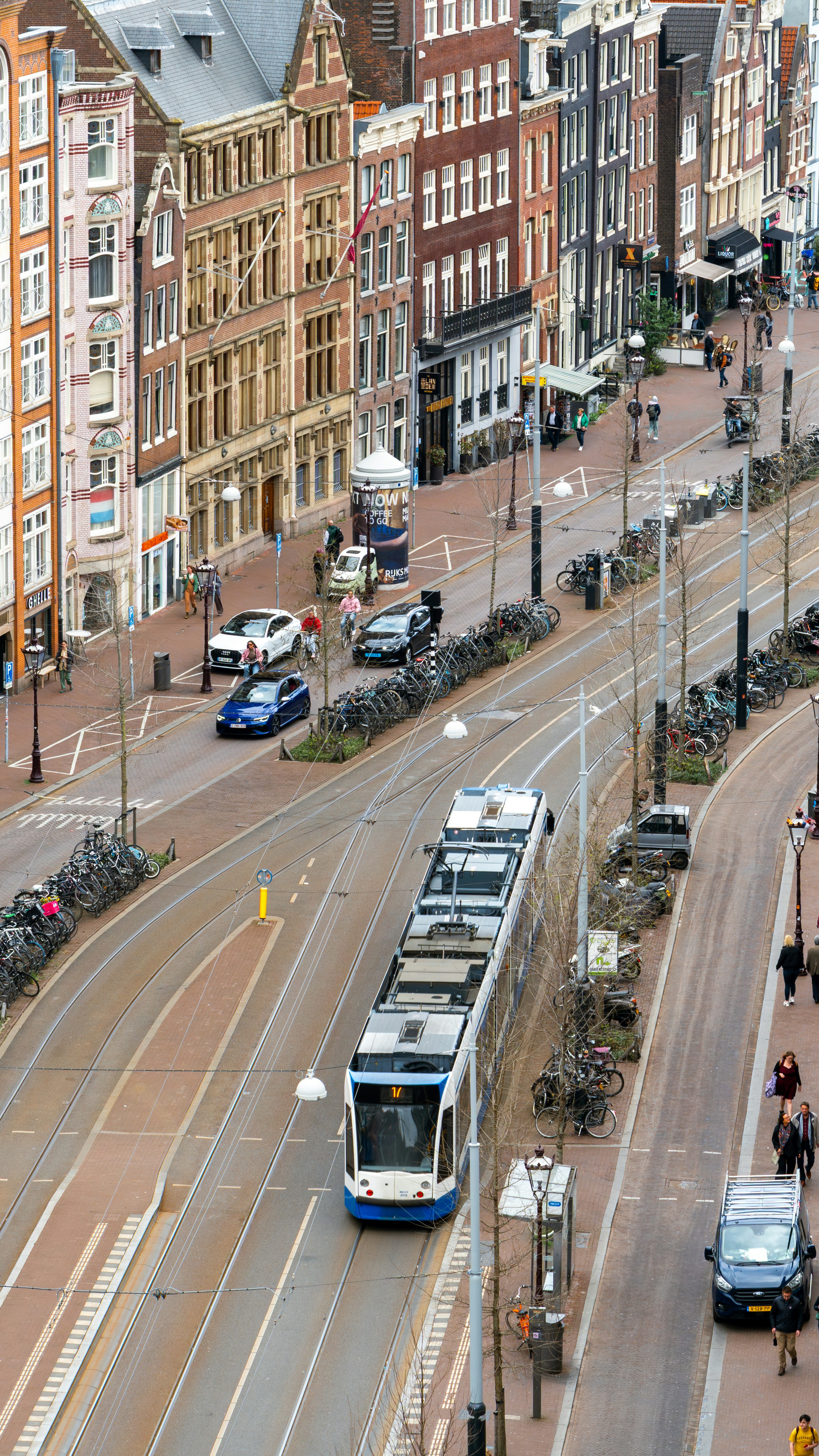 Tramline Tango: A Bird's-Eye View of a Bike-Lined Brick Street